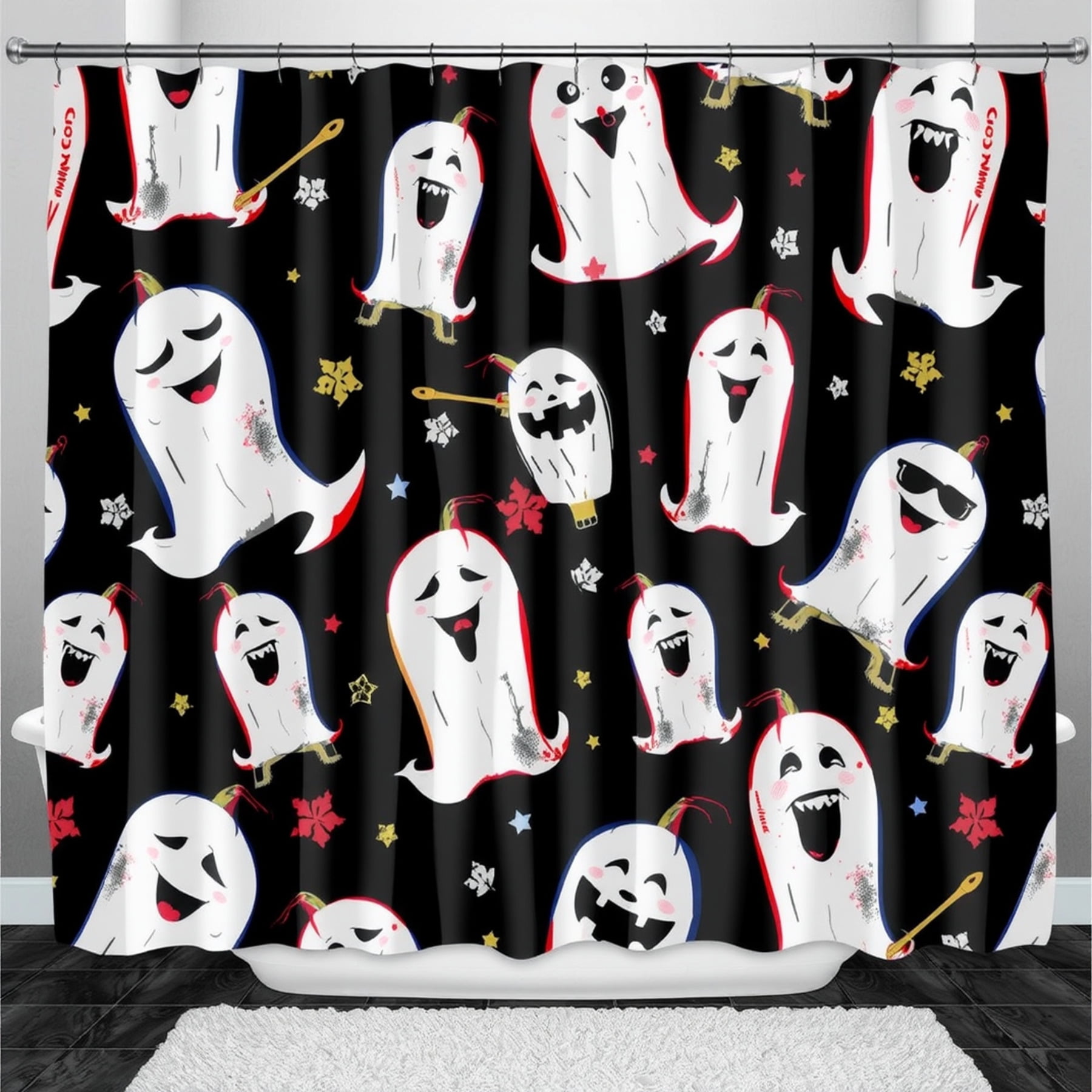 Whimsical Black Shower Curtain with Smiling Cartoon Ghosts & Star ...