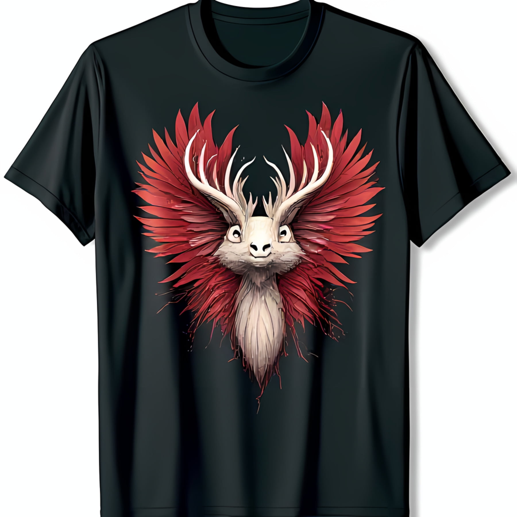 Whimsical Black T-Shirt with Antlered Creature Design on Vibrant ...
