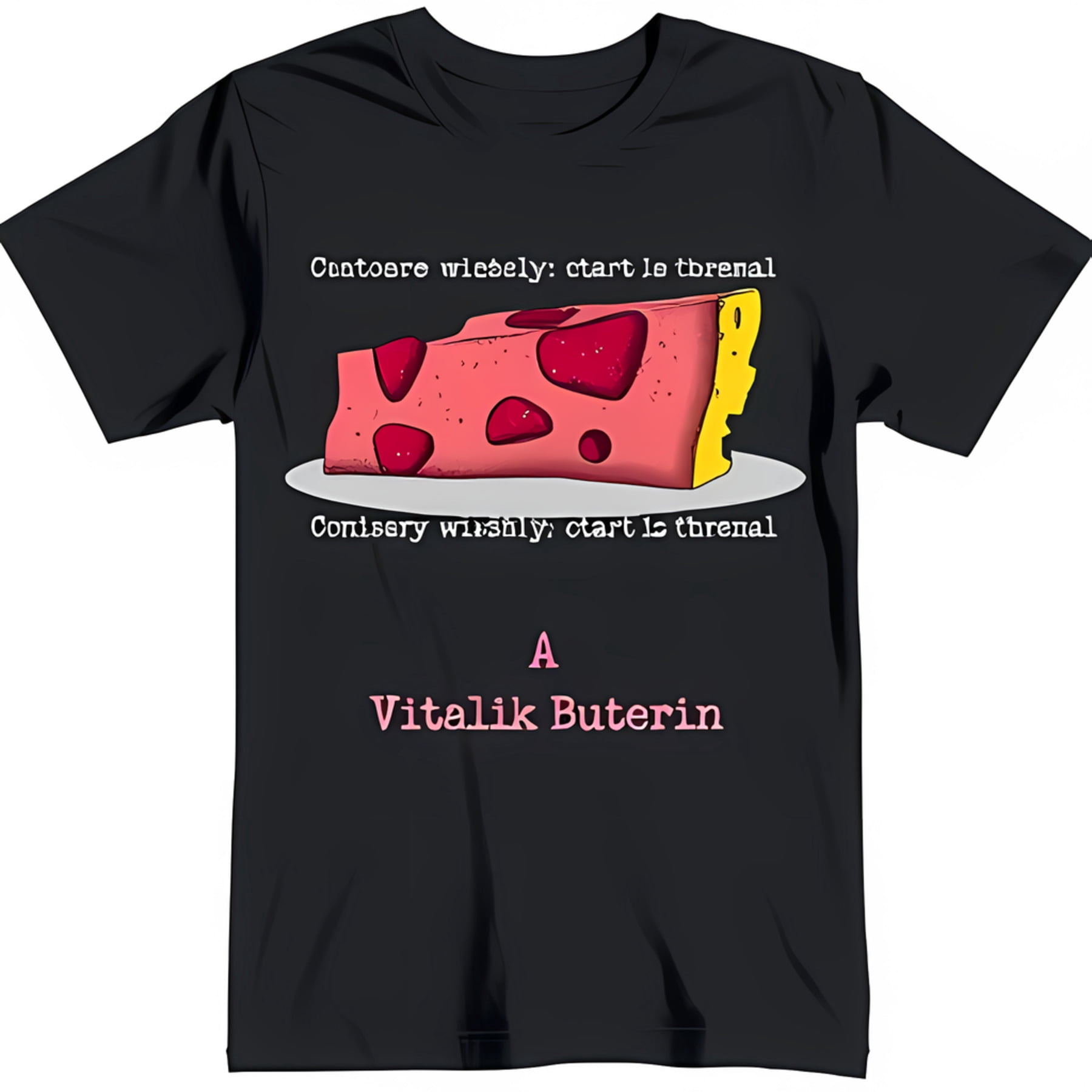 Whimsical Black T-Shirt with Cake Design & Vitalik Buterin Text Fun ...