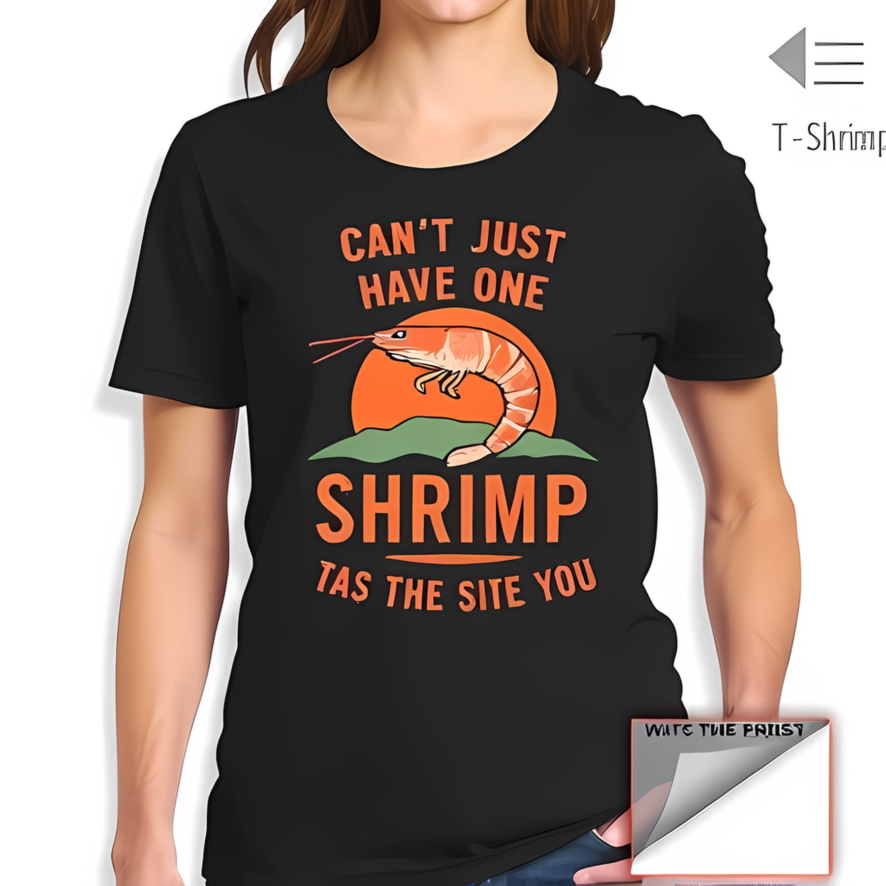 Whimsical Black T-Shirt with Cartoon Shrimp Design - "Can't Just Have ...