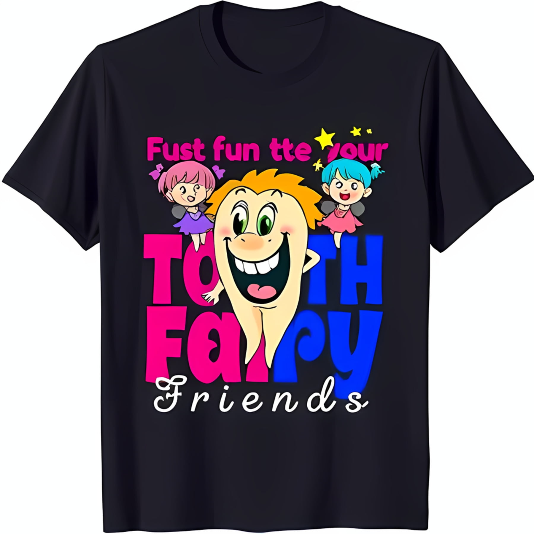 Whimsical Black T-Shirt with Cartoon Tooth & Design Fun Tooth Friends ...