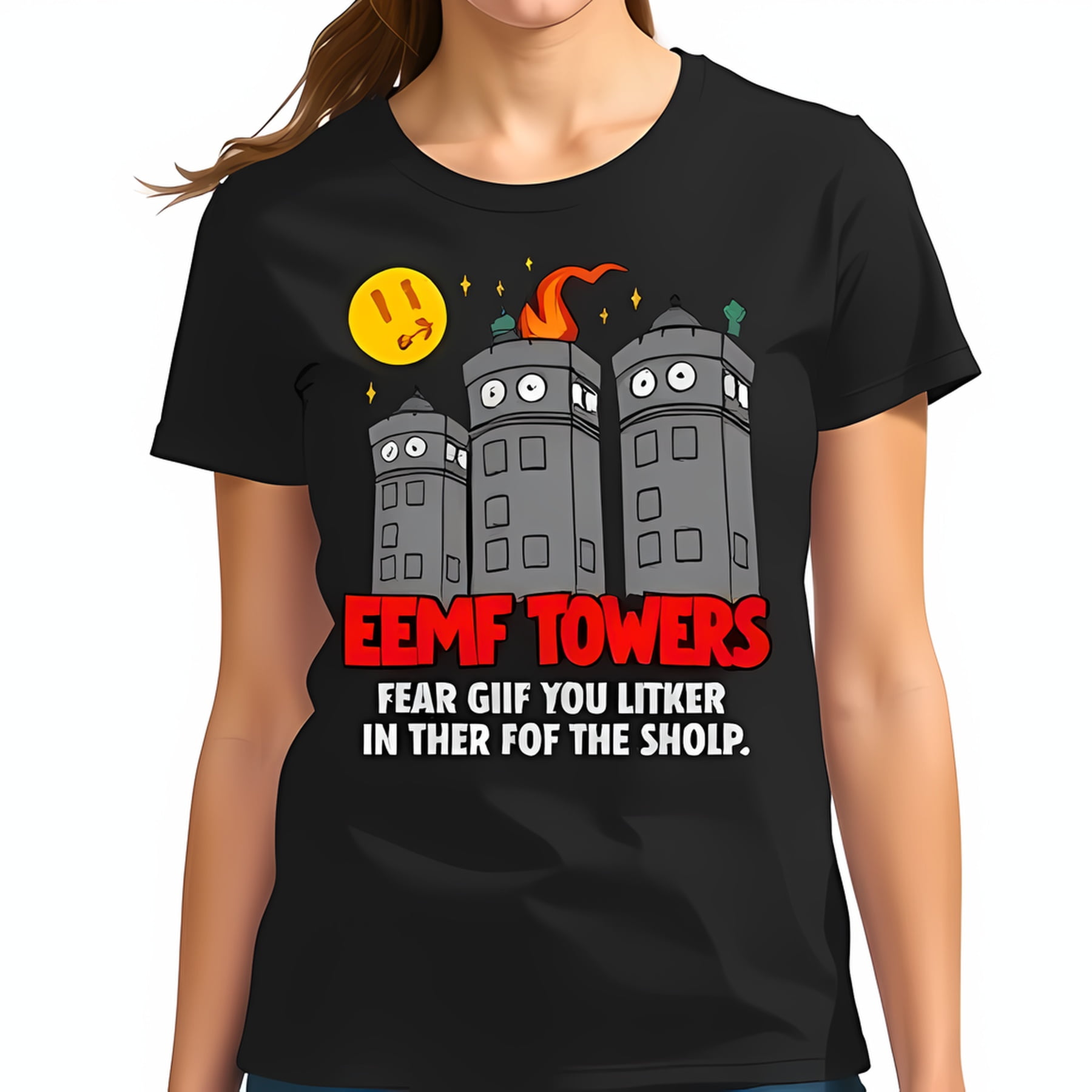 Whimsical Black T-Shirt with Cartoon Towers on Fire & 'EEMF TOWERS ...