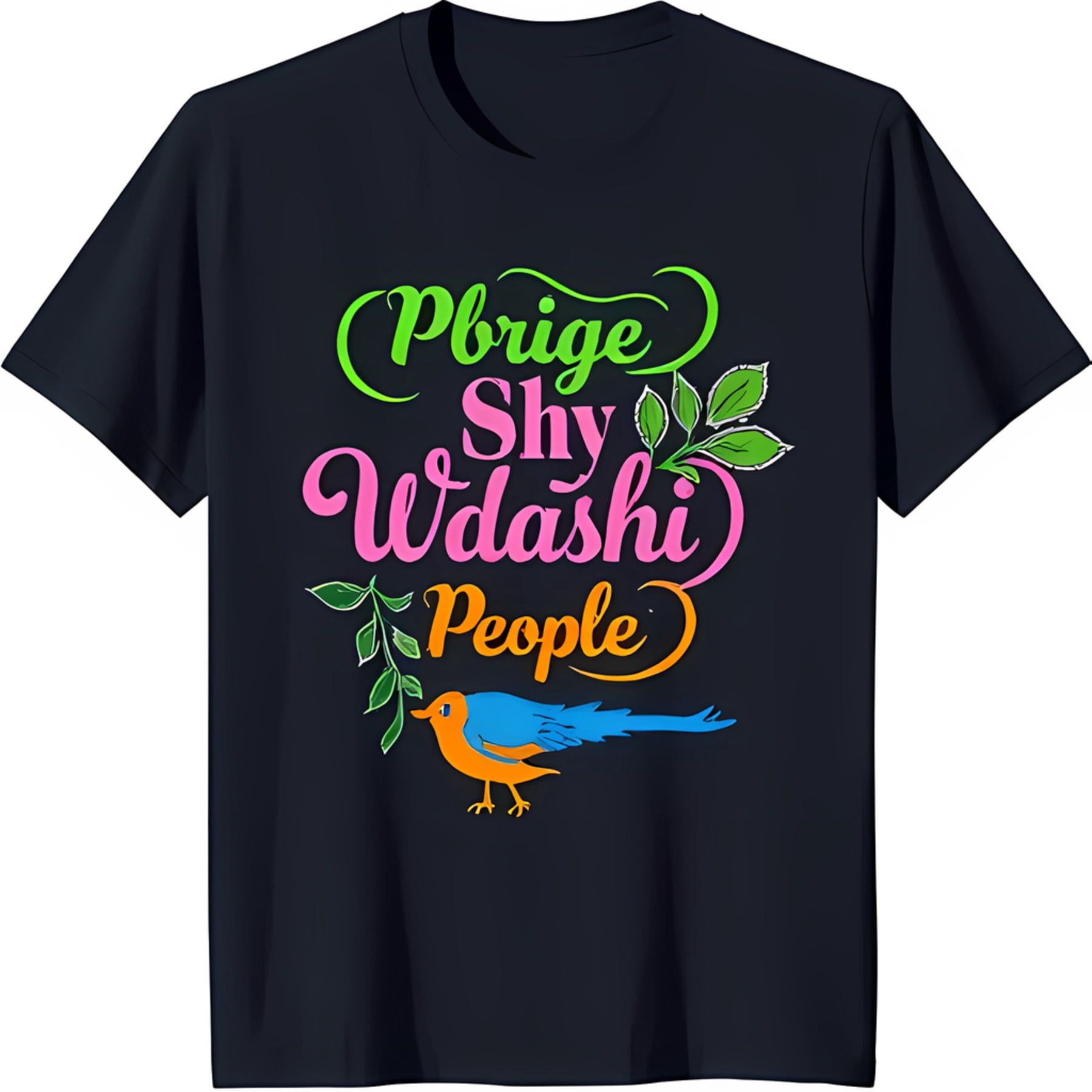 Whimsical Black T-Shirt with Colorful Bird and Playful Cursive Design ...