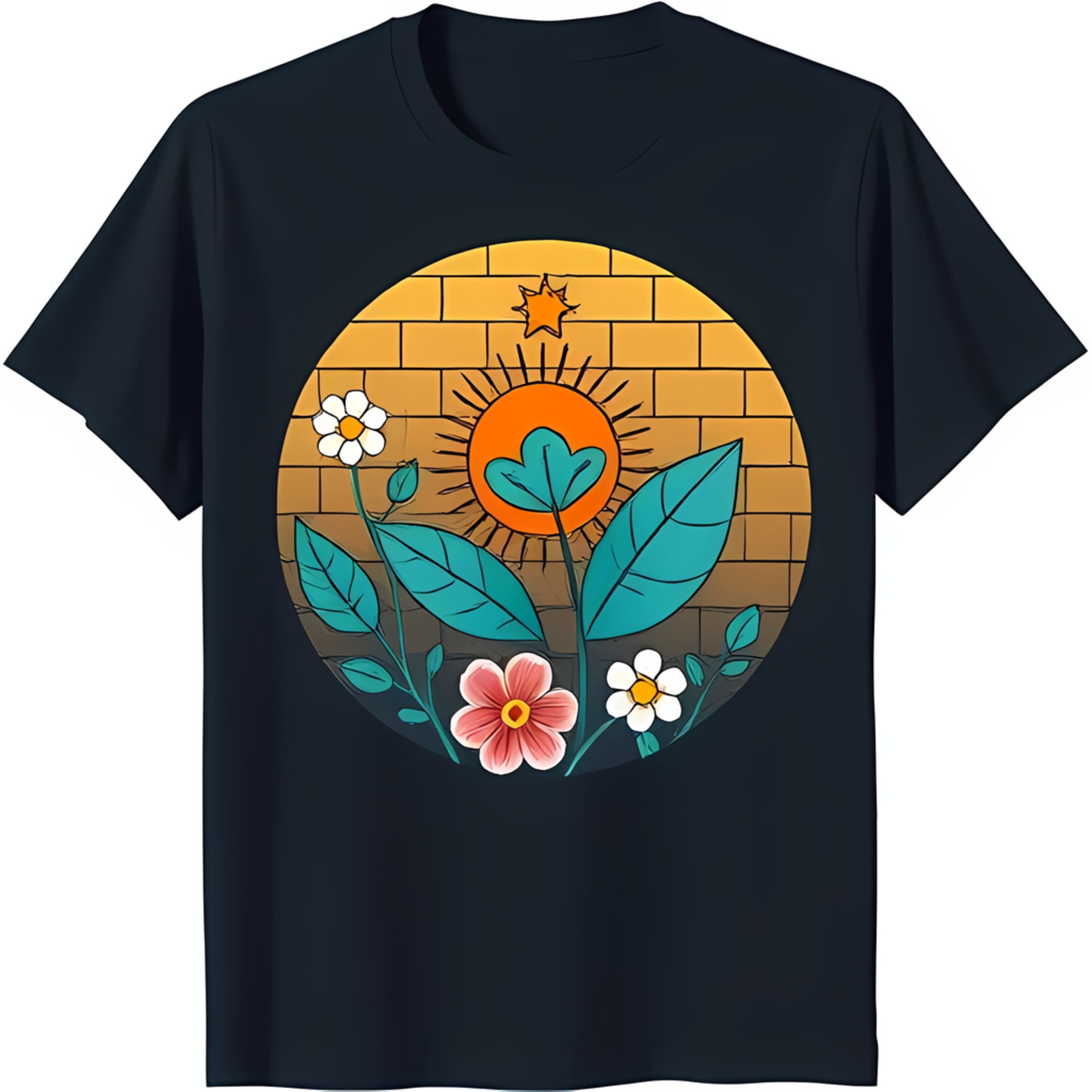 Whimsical Black T-Shirt with Colorful Brick Wall Design and Flowers ...