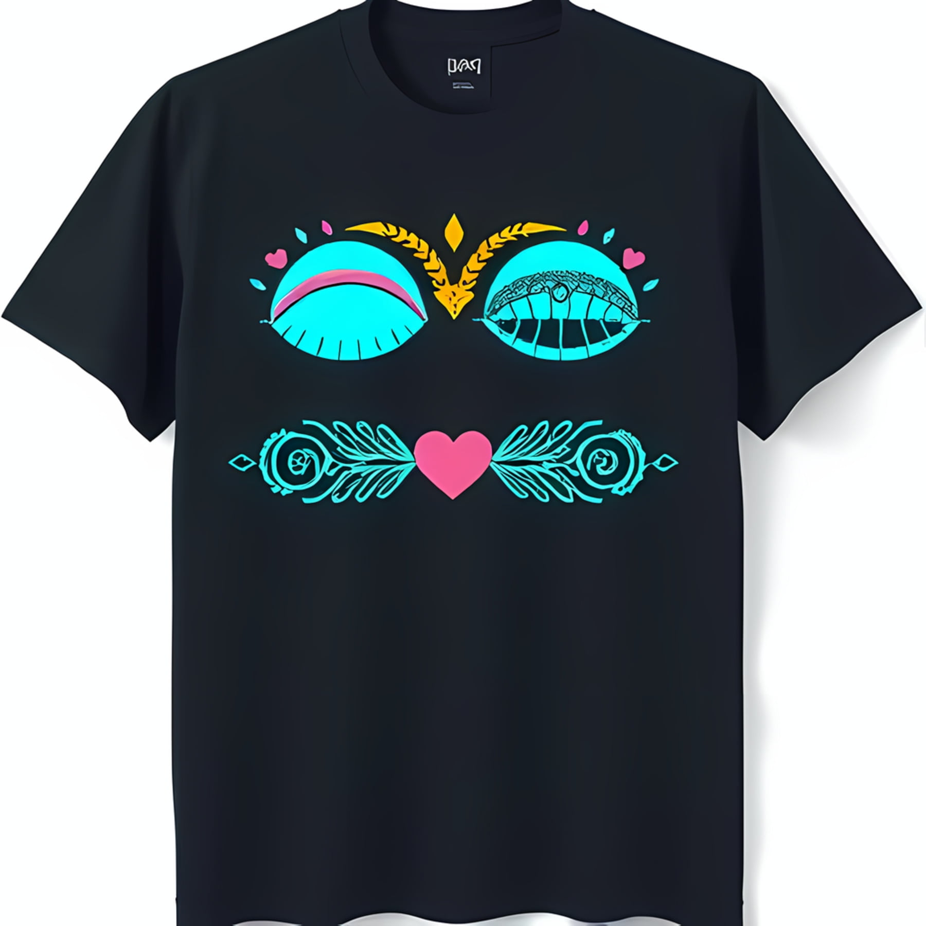 Whimsical Black T-Shirt with Colorful Eyes Floral Pattern & Heart ...
