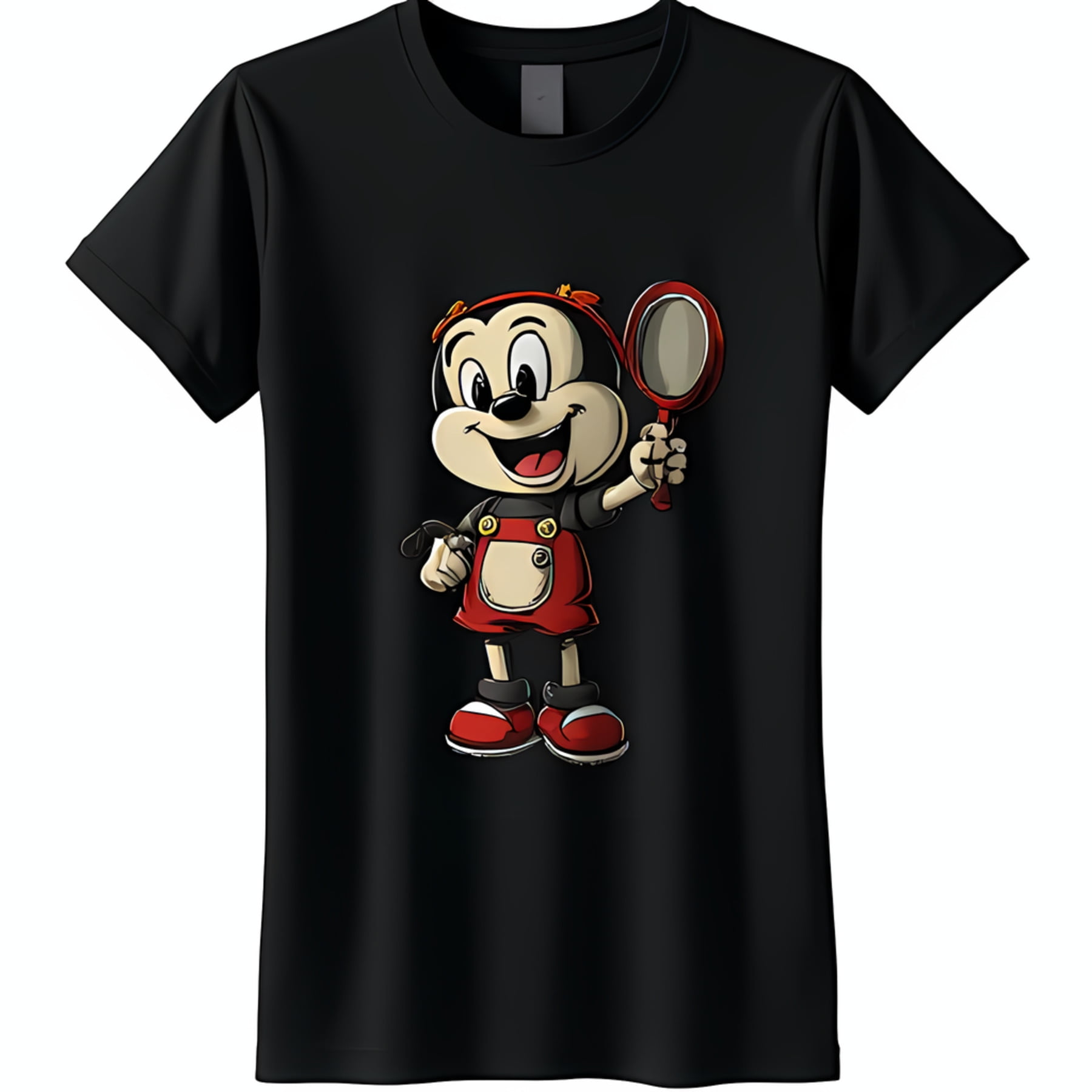 Whimsical Black T-Shirt with Cute Cartoon Character in Red & Magnifying ...
