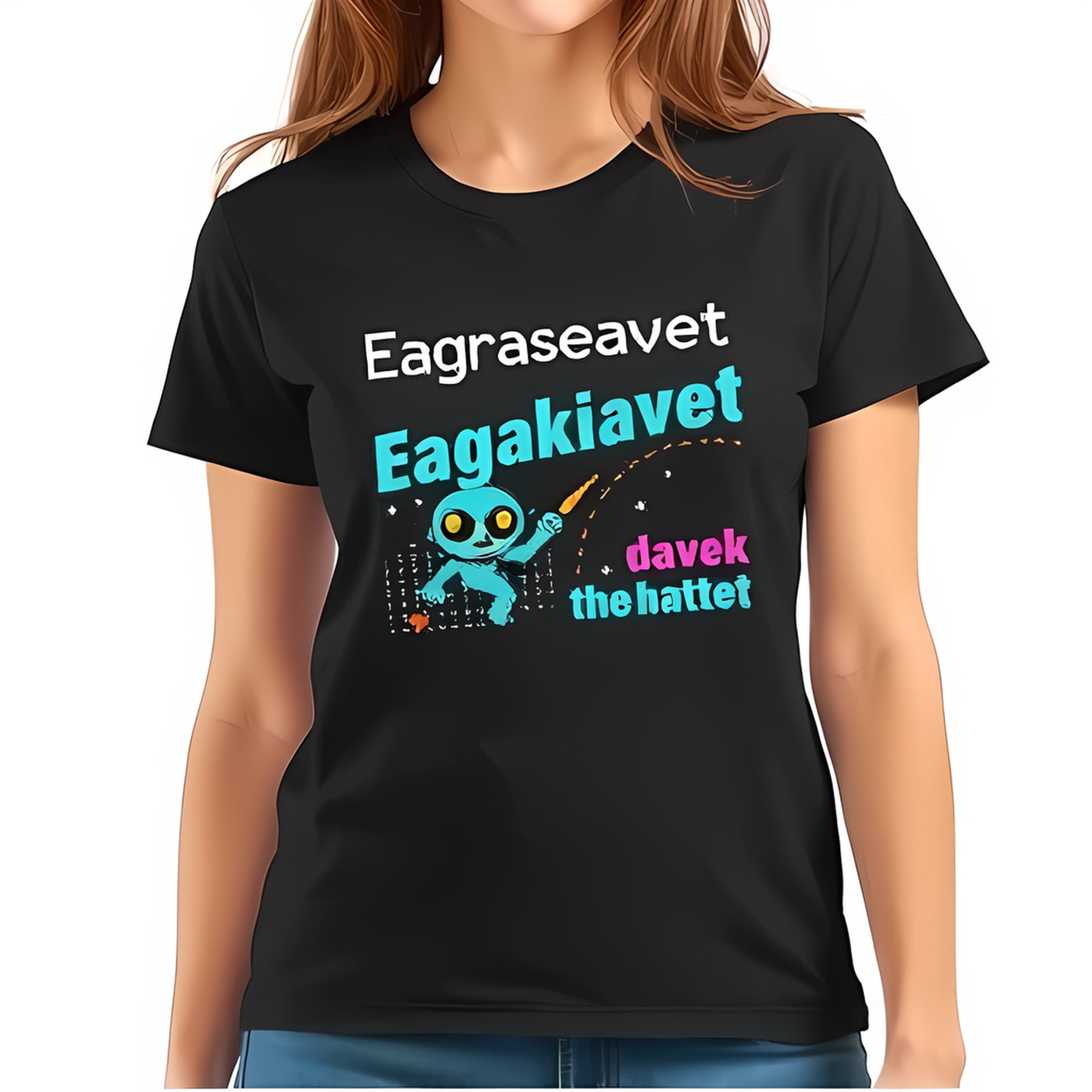Whimsical Black T-Shirt with Design and Fun Text - "Eagra seavet Eagaki ...