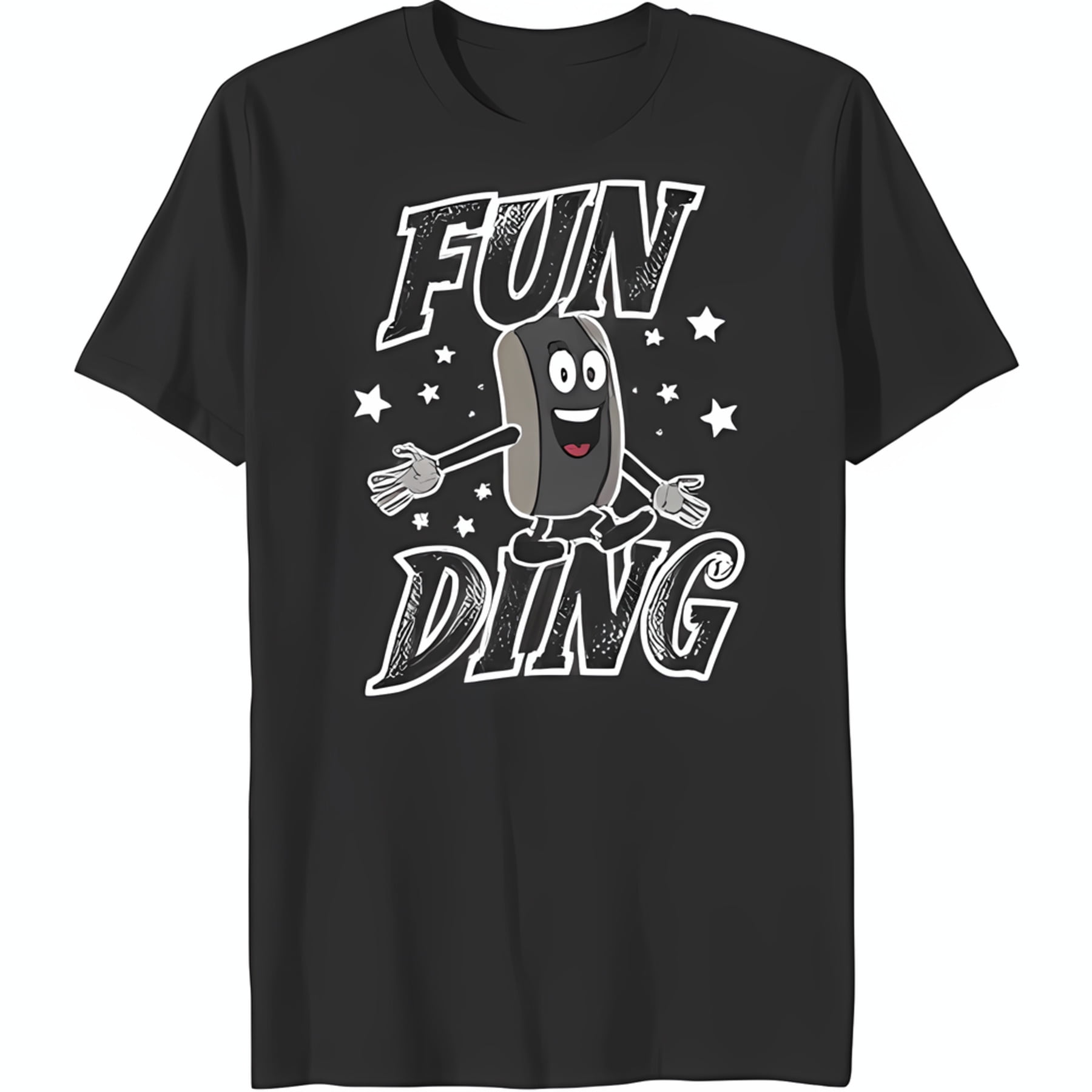 Whimsical Black T-Shirt with 'Fun Ding' Text and Dancing Cartoon Hot ...