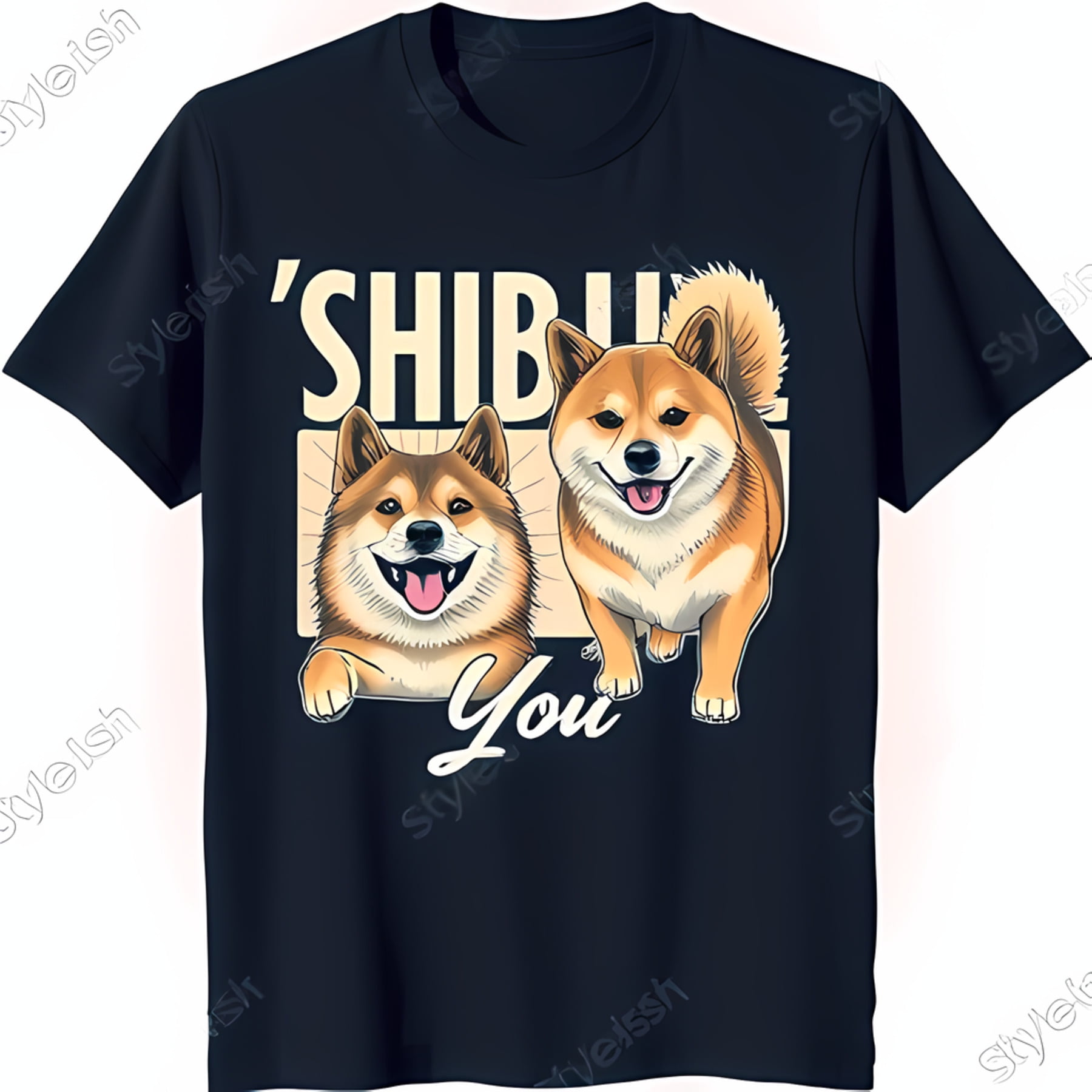 Whimsical Black T-Shirt with Retro Shiba Inu Graphic 'Shiba You' Design ...