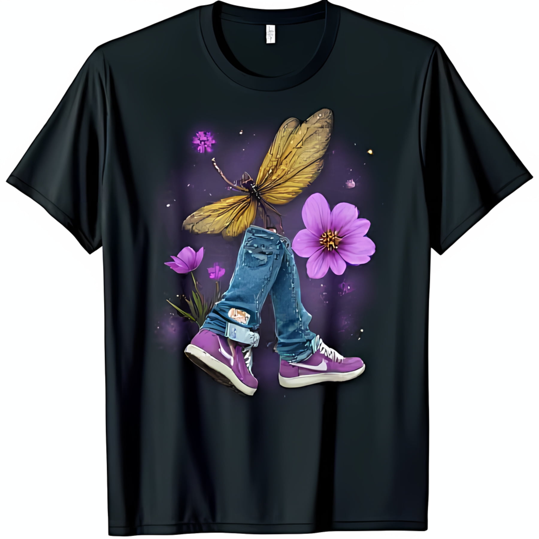 Whimsical Black T-Shirt with Ripped Jeans and Dragonfly Design Unique ...