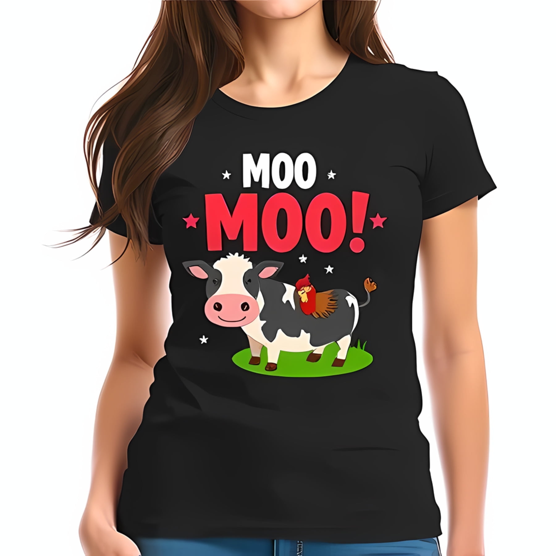 Whimsical Black & White Cow with Red Rooster Cotton Short Sleeve T ...