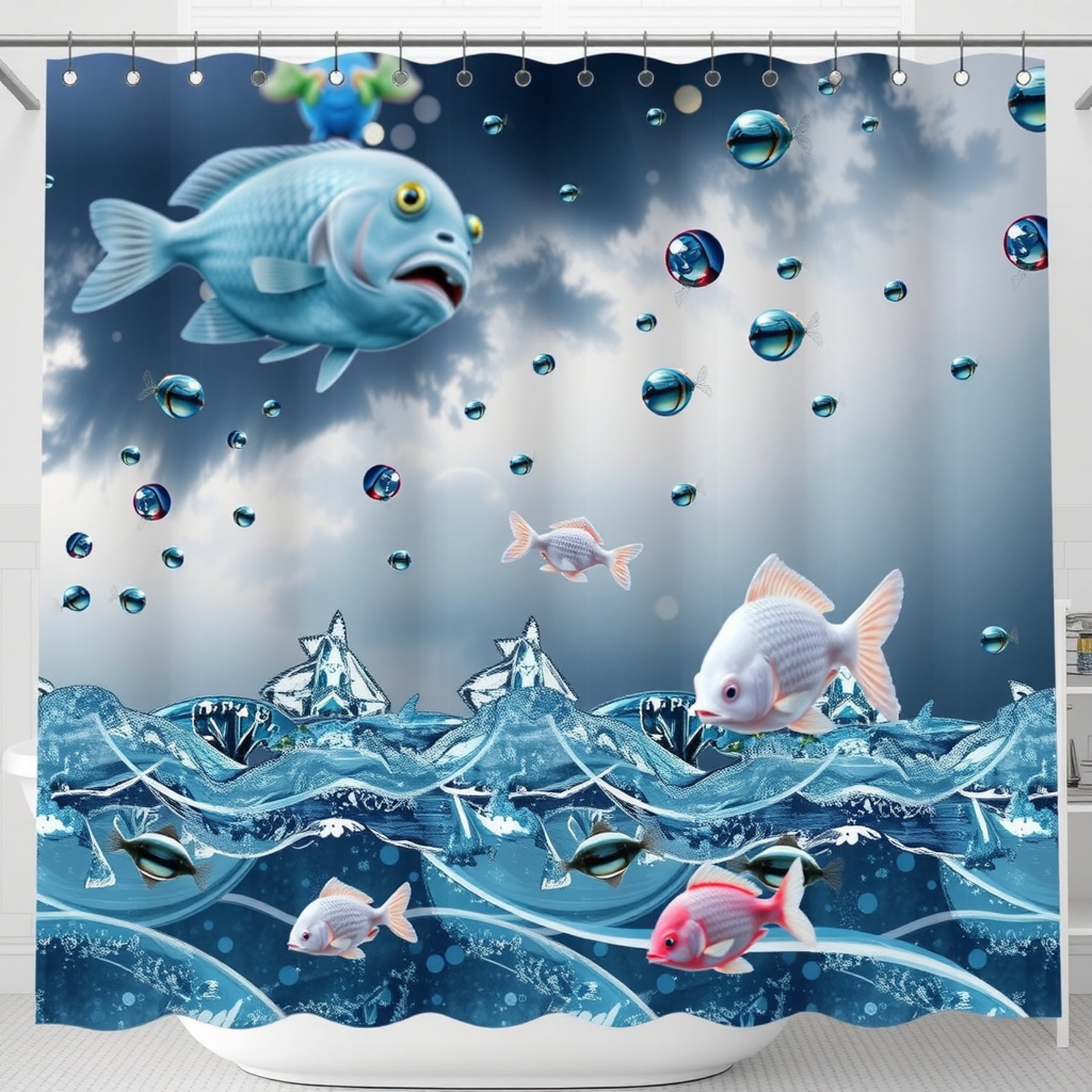 Whimsical Blue Fish Shower Curtain with Bubbles - Playful Bathroom ...