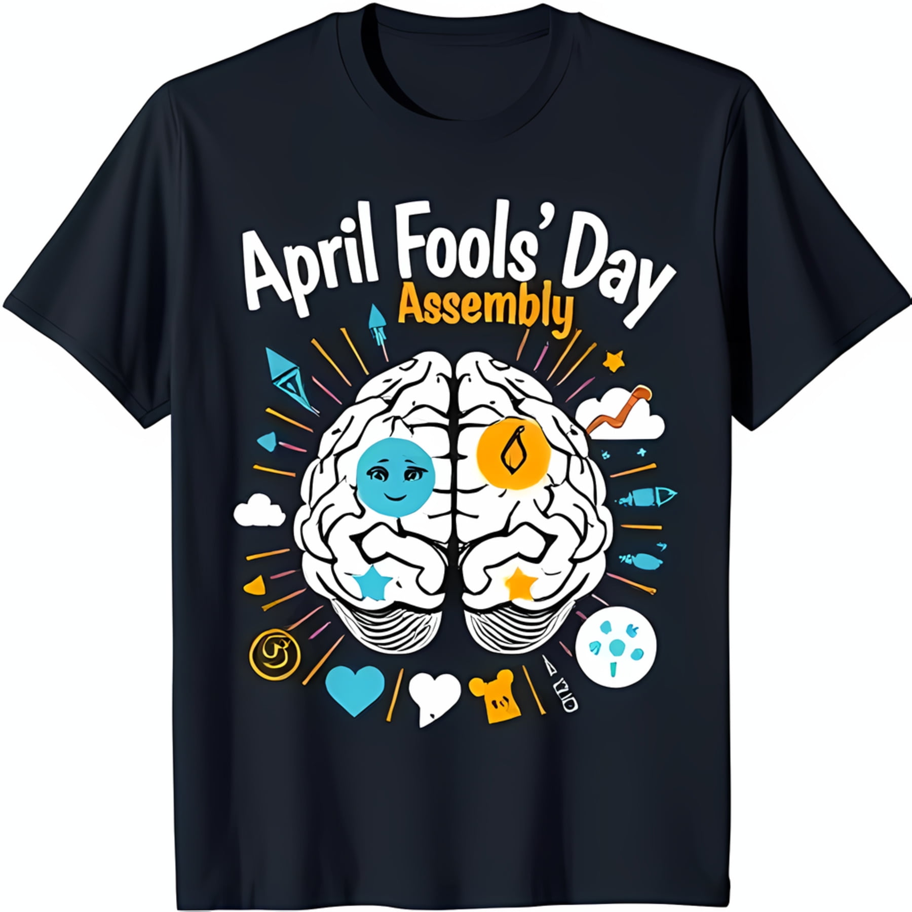 Whimsical Blue T-Shirt: 'April Fools' Day Assembly' with Smiling Brain ...