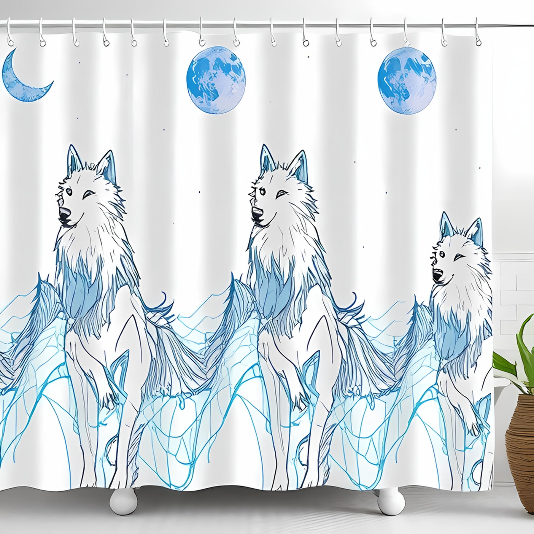 Whimsical Blue Wolf Shower Curtain with Moons - Ethereal Design for ...
