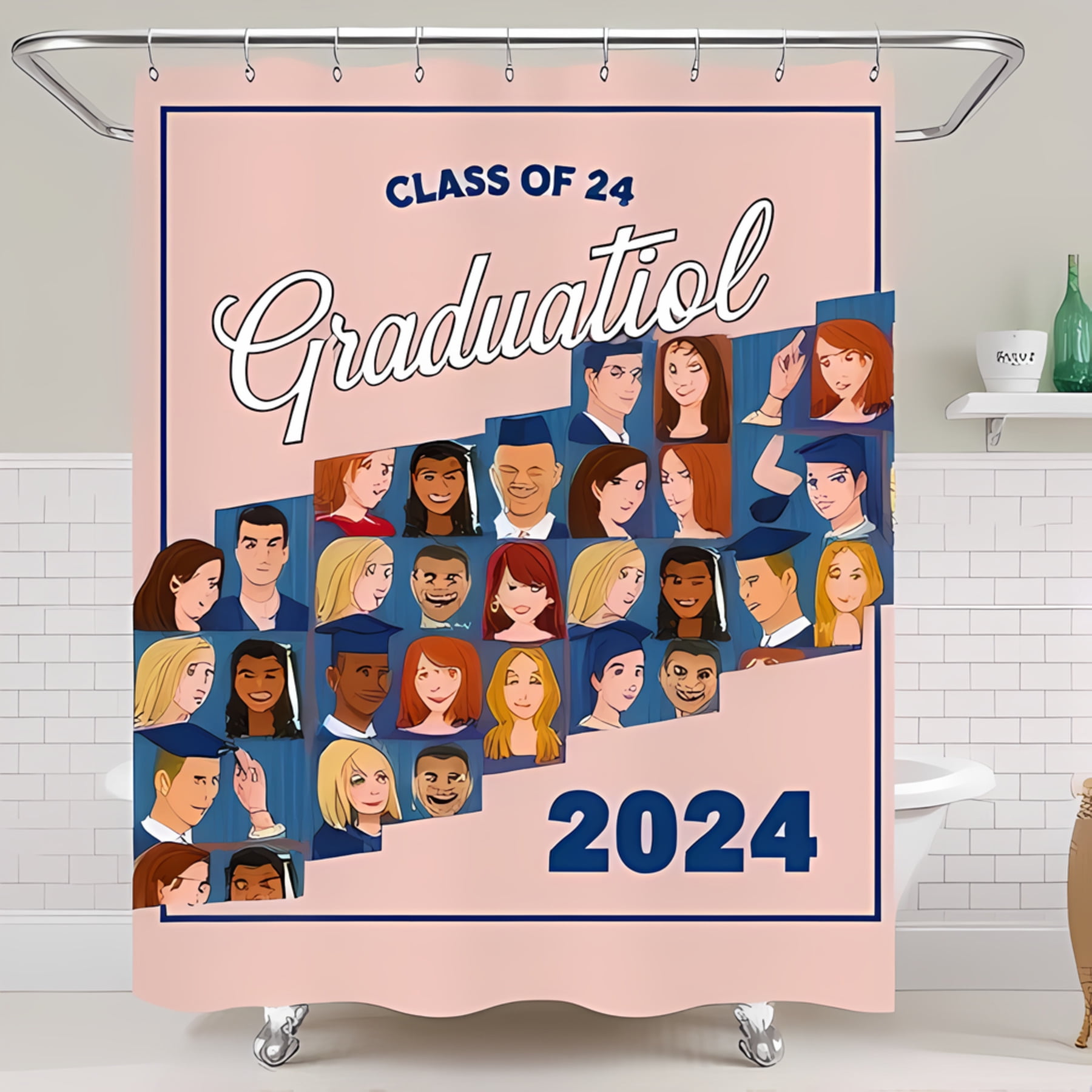 Whimsical Blush-Pink Shower Curtain for Class of 2024 Graduation ...