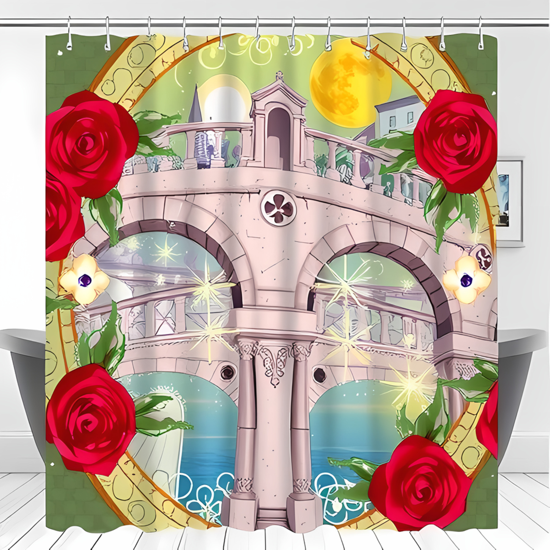 Whimsical Bridge Shower Curtain - Greenery Vibrant Red Roses Serene ...