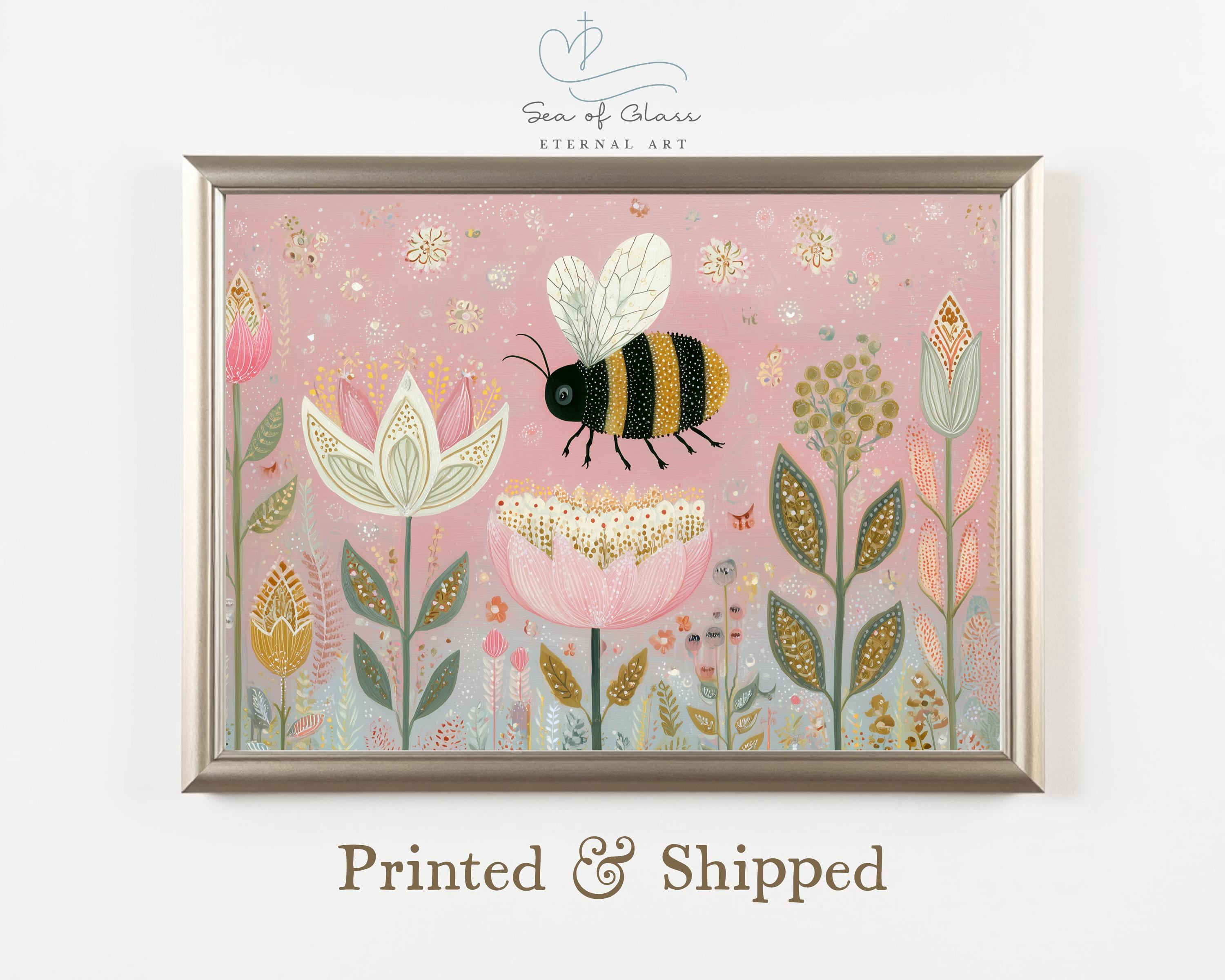 Whimsical Bumble Bee Wall Art Poster – Pastel Floral Nursery Print ...