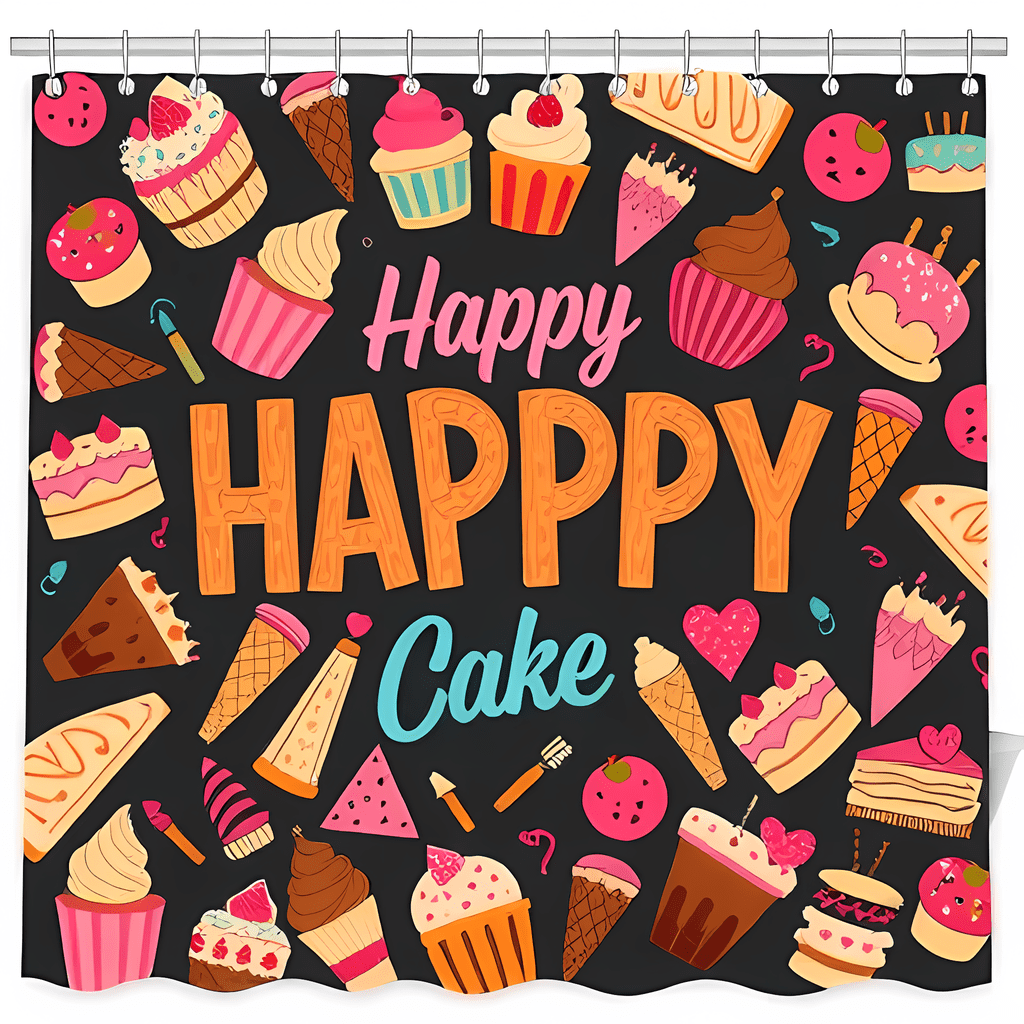 Whimsical Cake & Sweet Treats Shower Curtain - Vibrant Colors on Navy ...