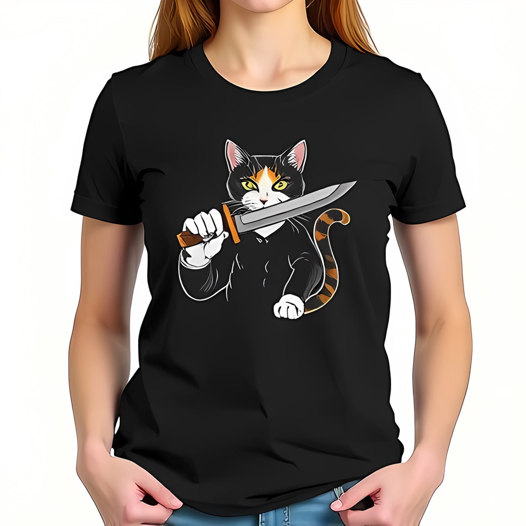 Whimsical Calico Cat T-Shirt - Cute Cat with Knife Graphic - Funny Dark ...
