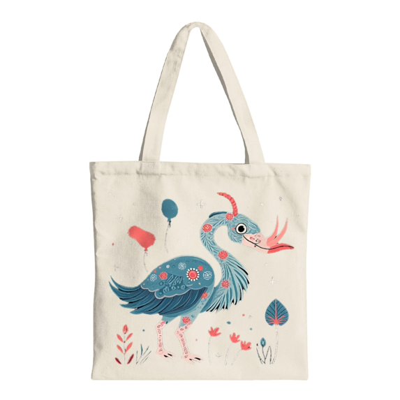 Whimsical Canvas Tote Bag with Stylized Bird Design Intricate Blue ...