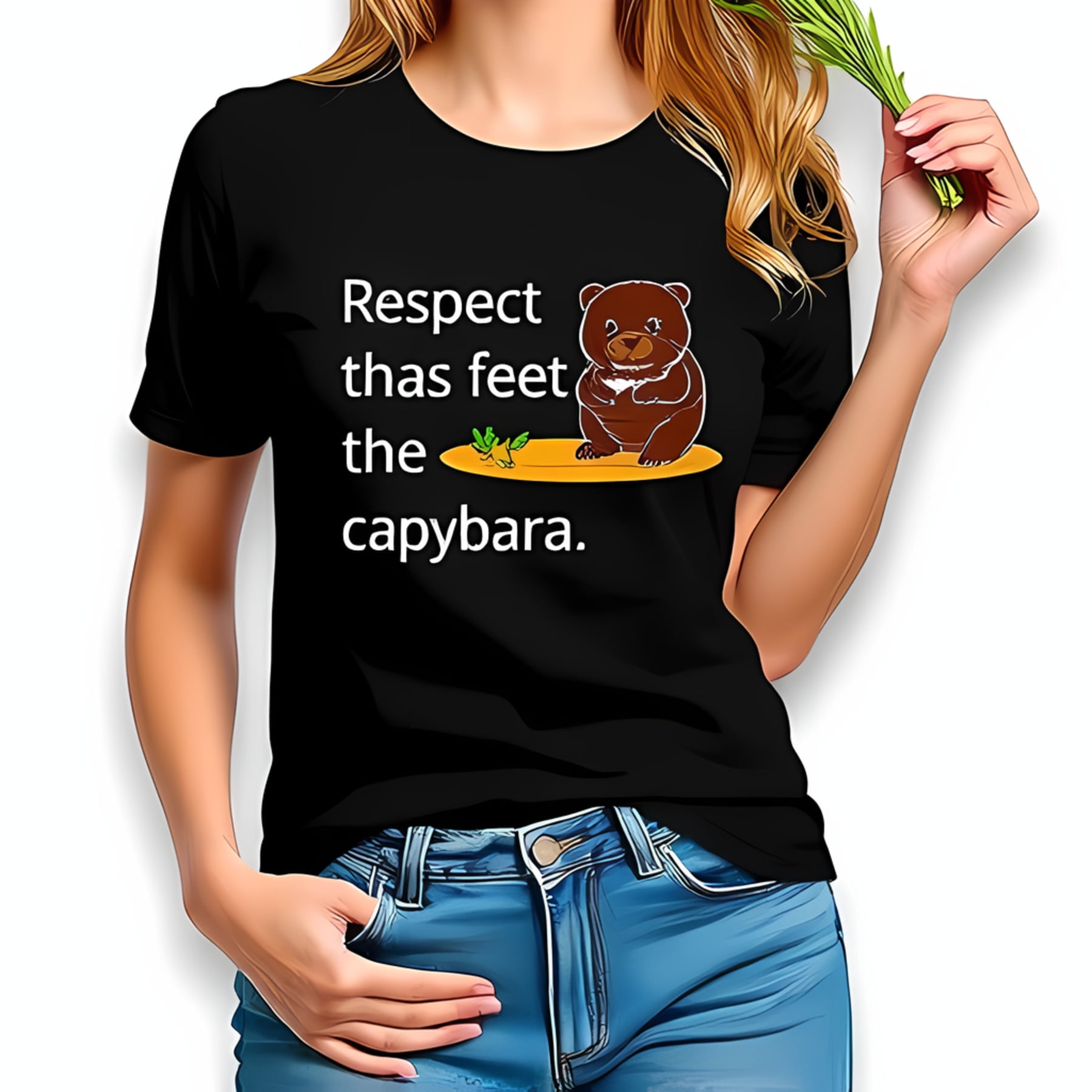 Whimsical Capybara Illustration Cotton Short Sleeve T-Shirt - " Respect ...
