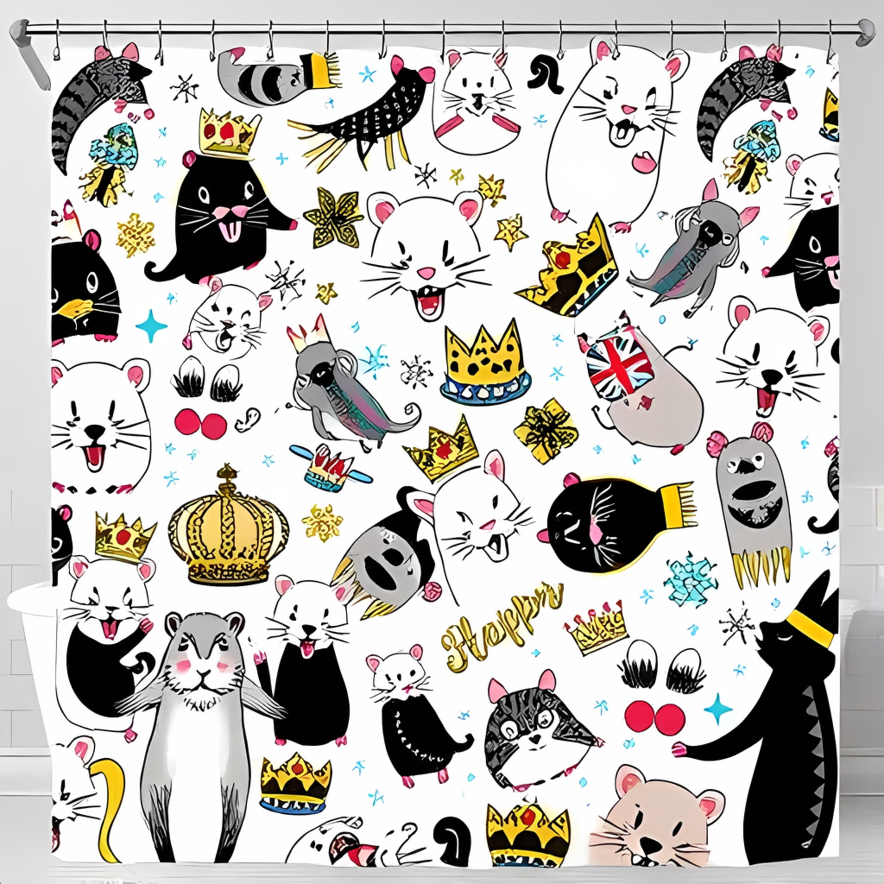 Whimsical Cartoon Animal Shower Curtain - Colorful Mice Rats & Rodents ...