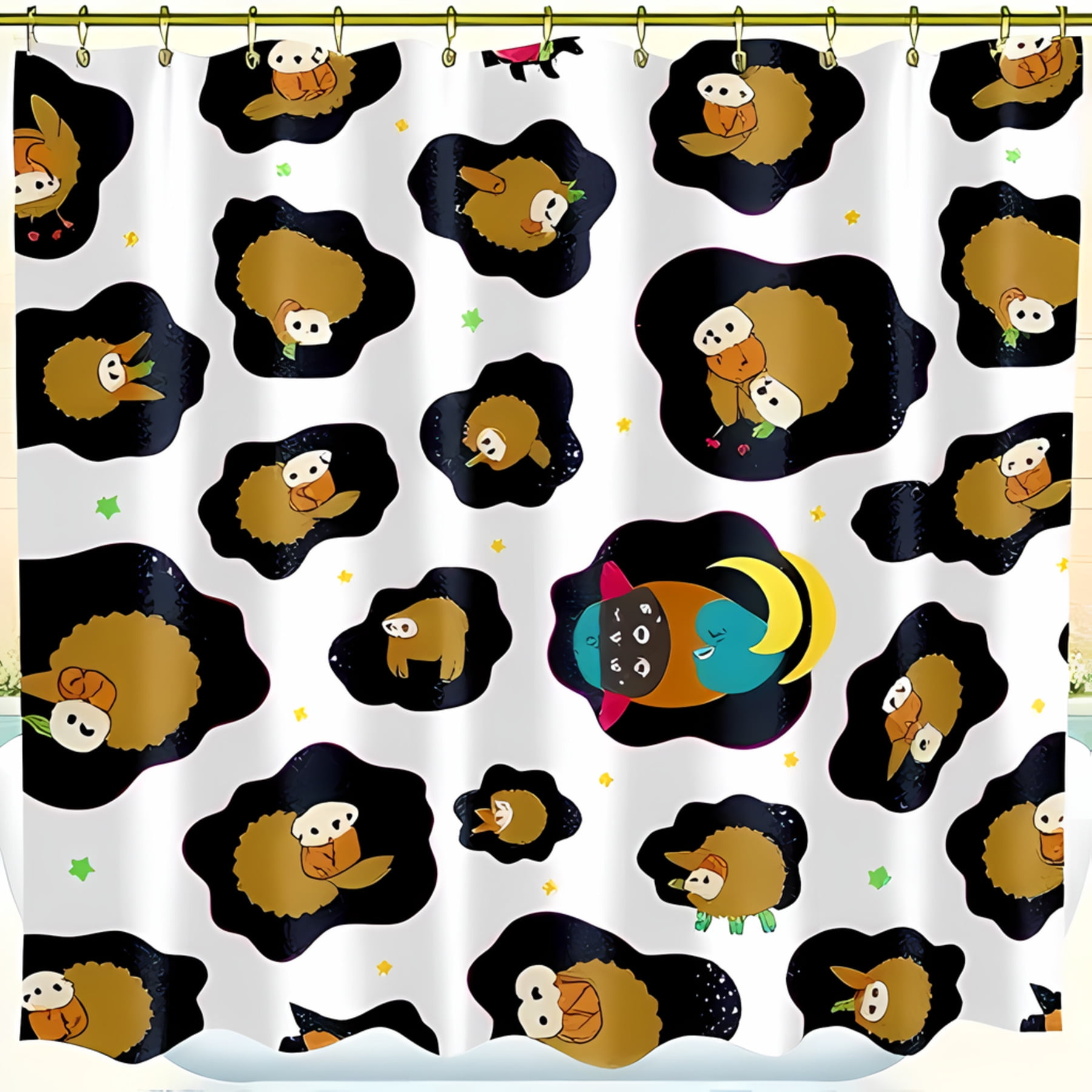 Whimsical Cartoon Animals Shower Curtain - Playful Sheep Rabbit & Bird ...
