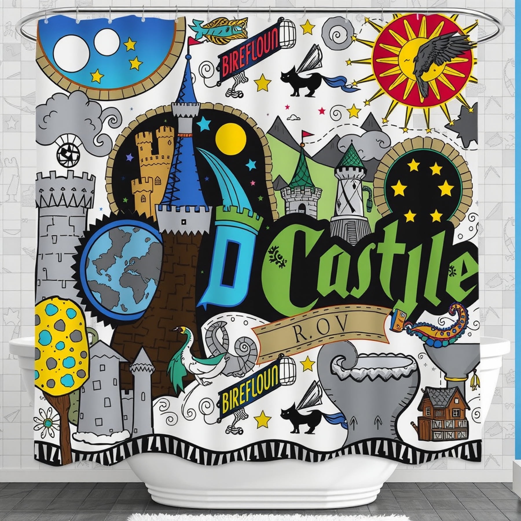 Whimsical Cartoon Castle Shower Curtain with Flying Birds & Stars - "D ...