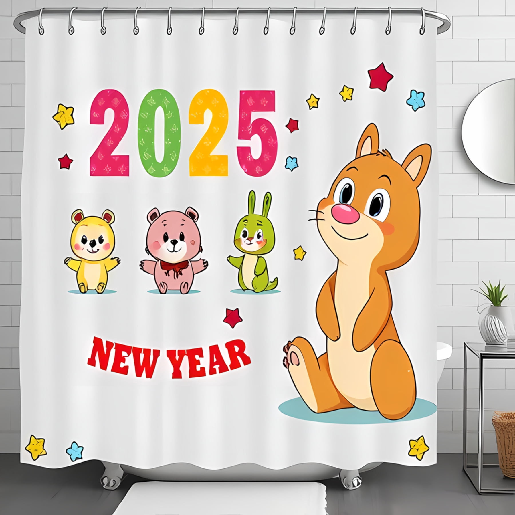Whimsical Cartoon Cat Shower Curtain 2025 New Year Theme with Adorable ...