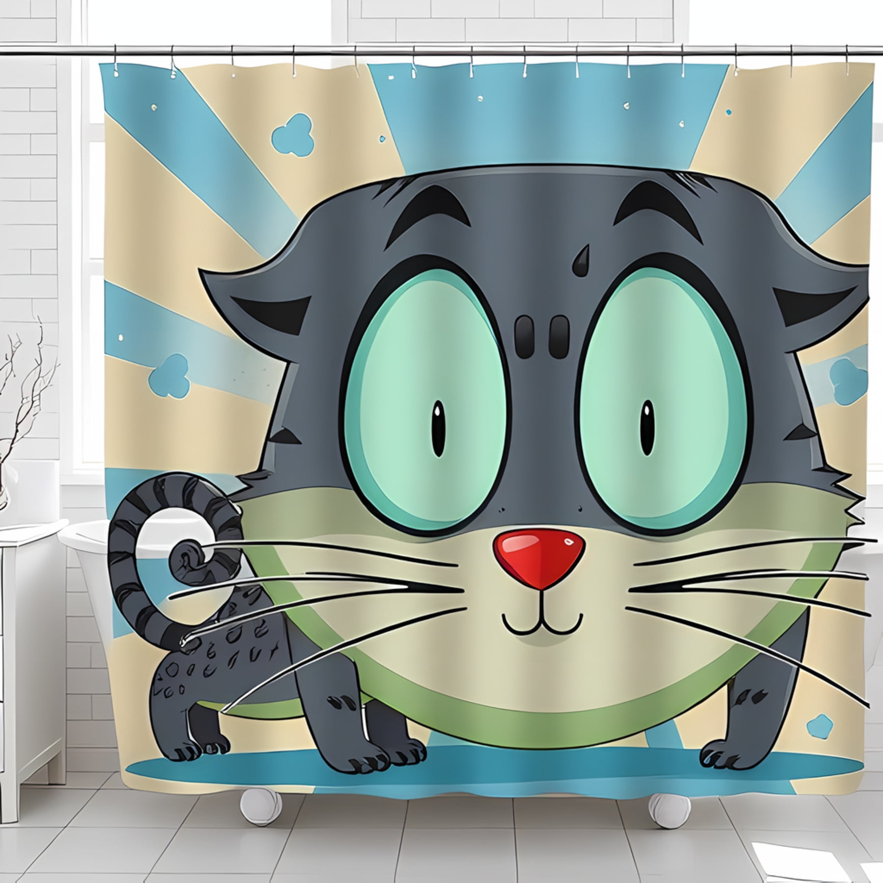 Whimsical Cartoon Cat Shower Curtain - Retro Pastel Design with ...