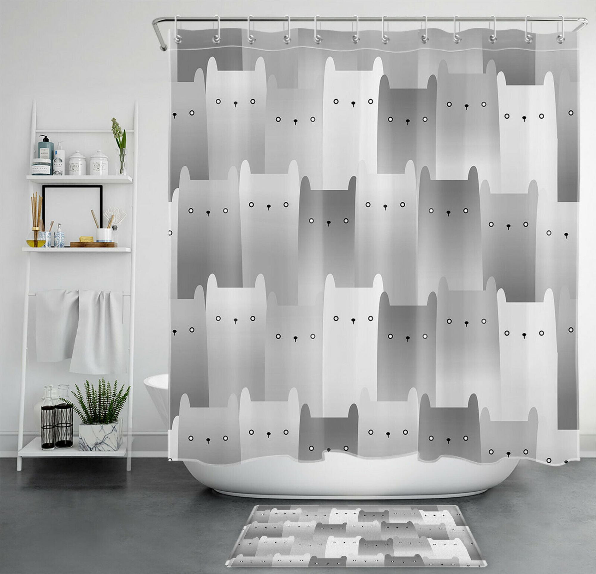 Whimsical Cartoon Cat Shower Curtain Set Adorable Kitten Design For A