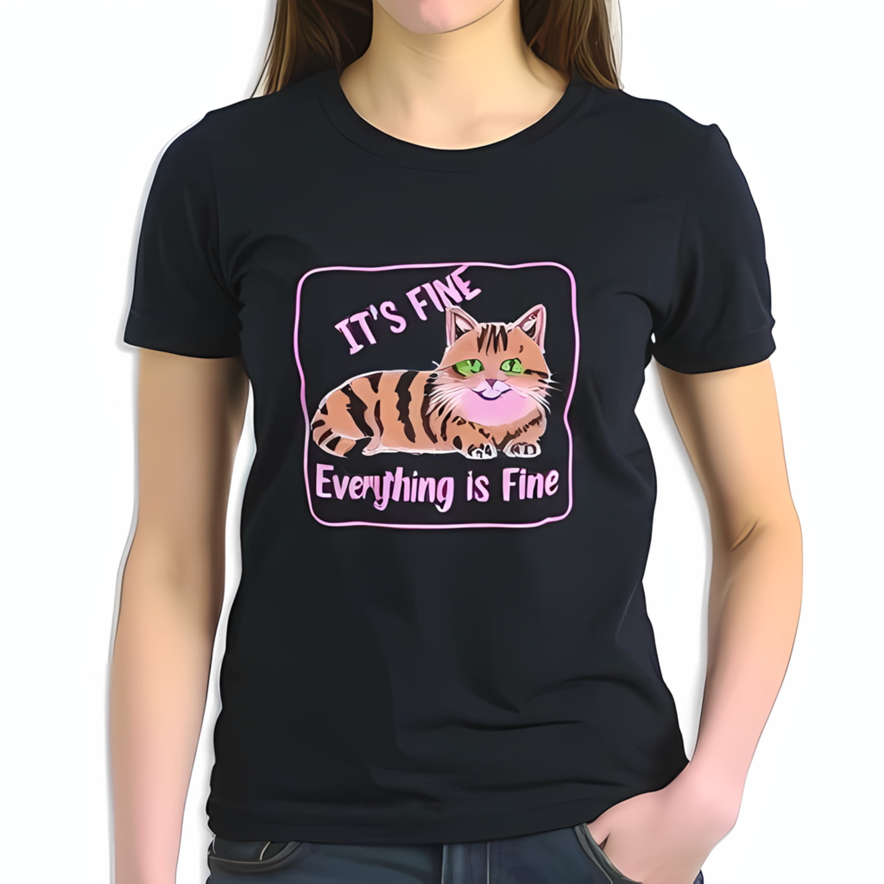 Whimsical Cartoon Cat T-Shirt - Black Cotton Short Sleeve Tee with ...