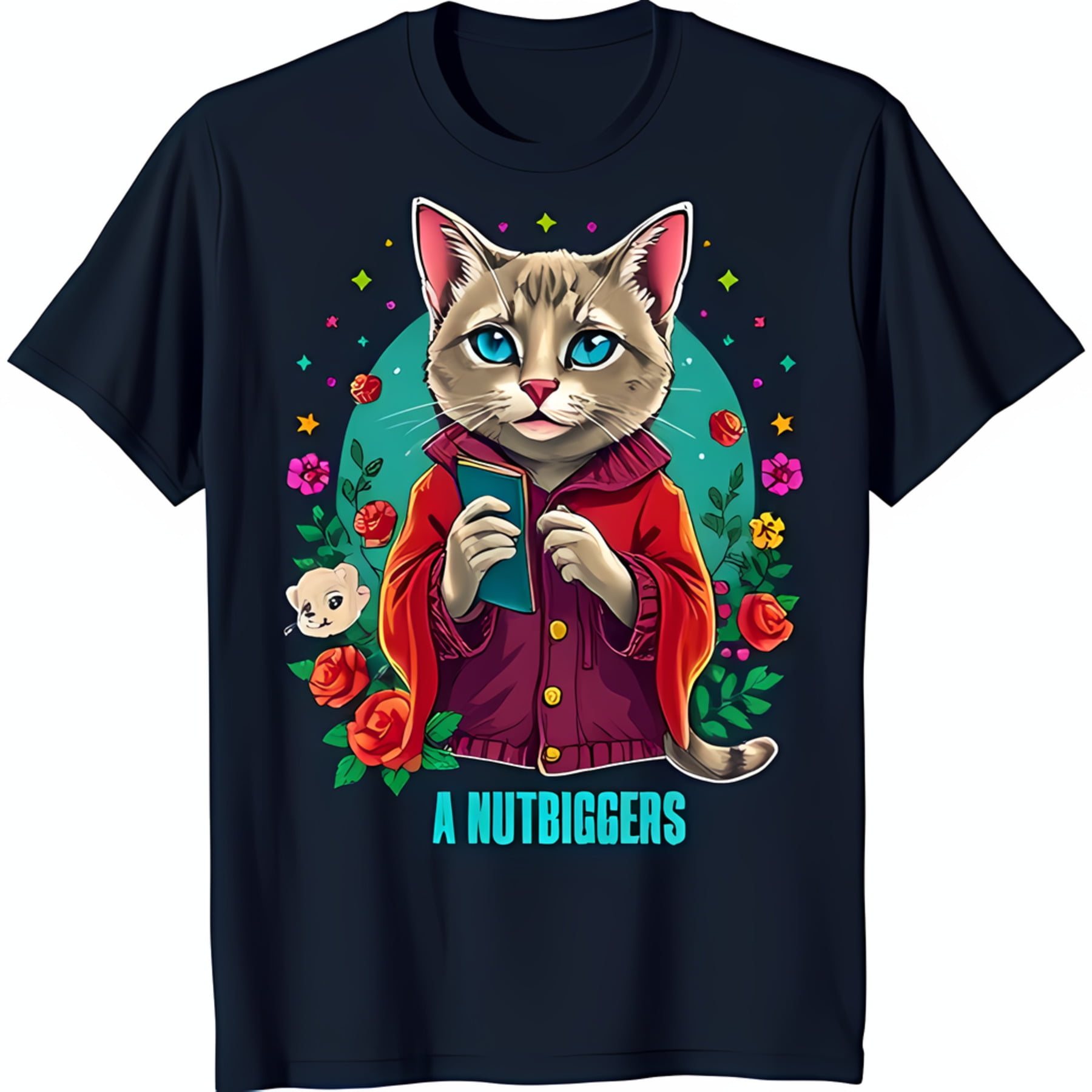 Whimsical Cartoon Cat T-Shirt Blue Eyed Cat in Red with Flower Crown ...