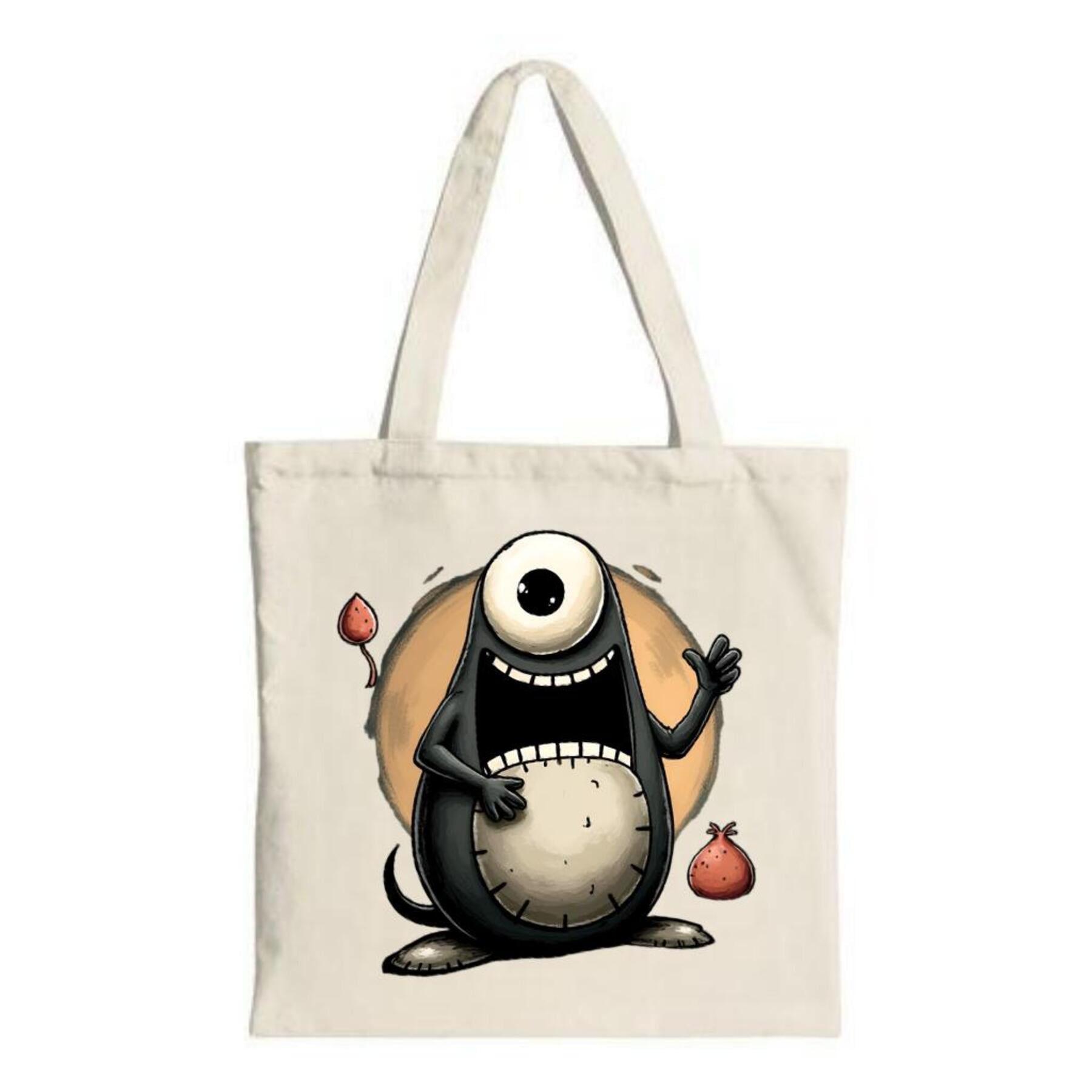 Whimsical Cartoon Character Canvas Tote Bag - Large Eye Wide Grin Clock ...