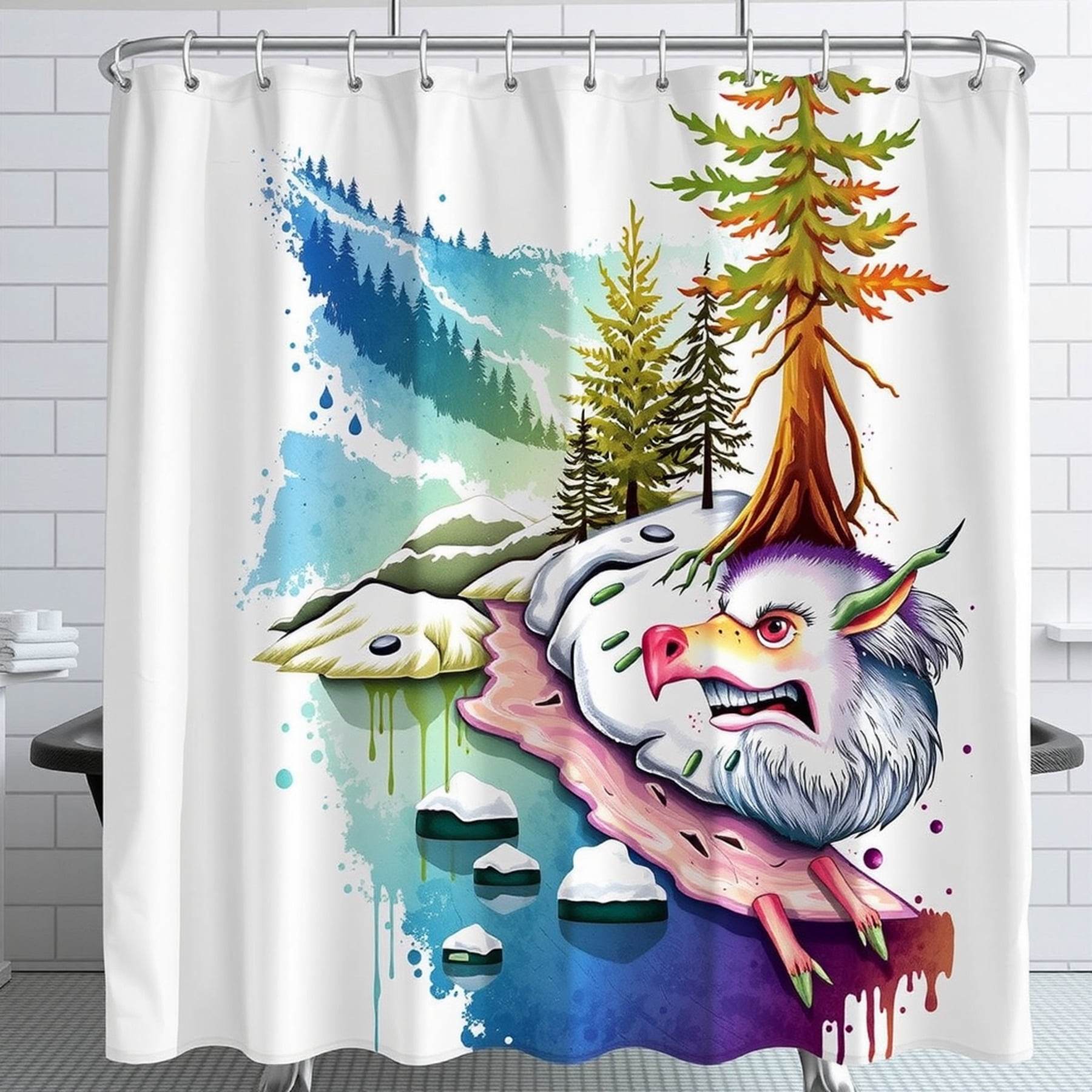Whimsical Cartoon Creature Shower Curtain - Fierce Expression Vibrant ...