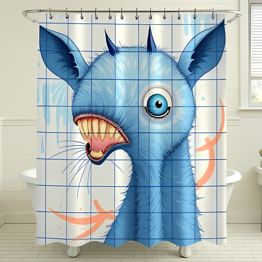 Whimsical Cartoon Creature Shower Curtain - Fuzzy Blue with Toothy Grin ...