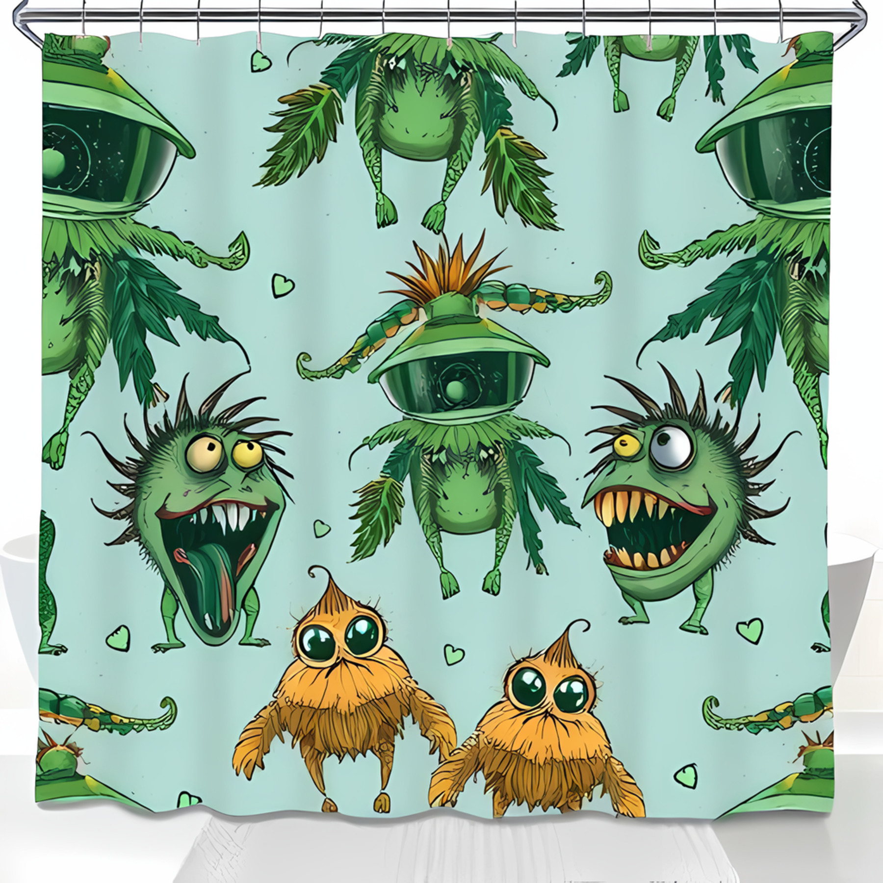 Whimsical Cartoon Creatures Shower Curtain - Playful Design with Leafy ...