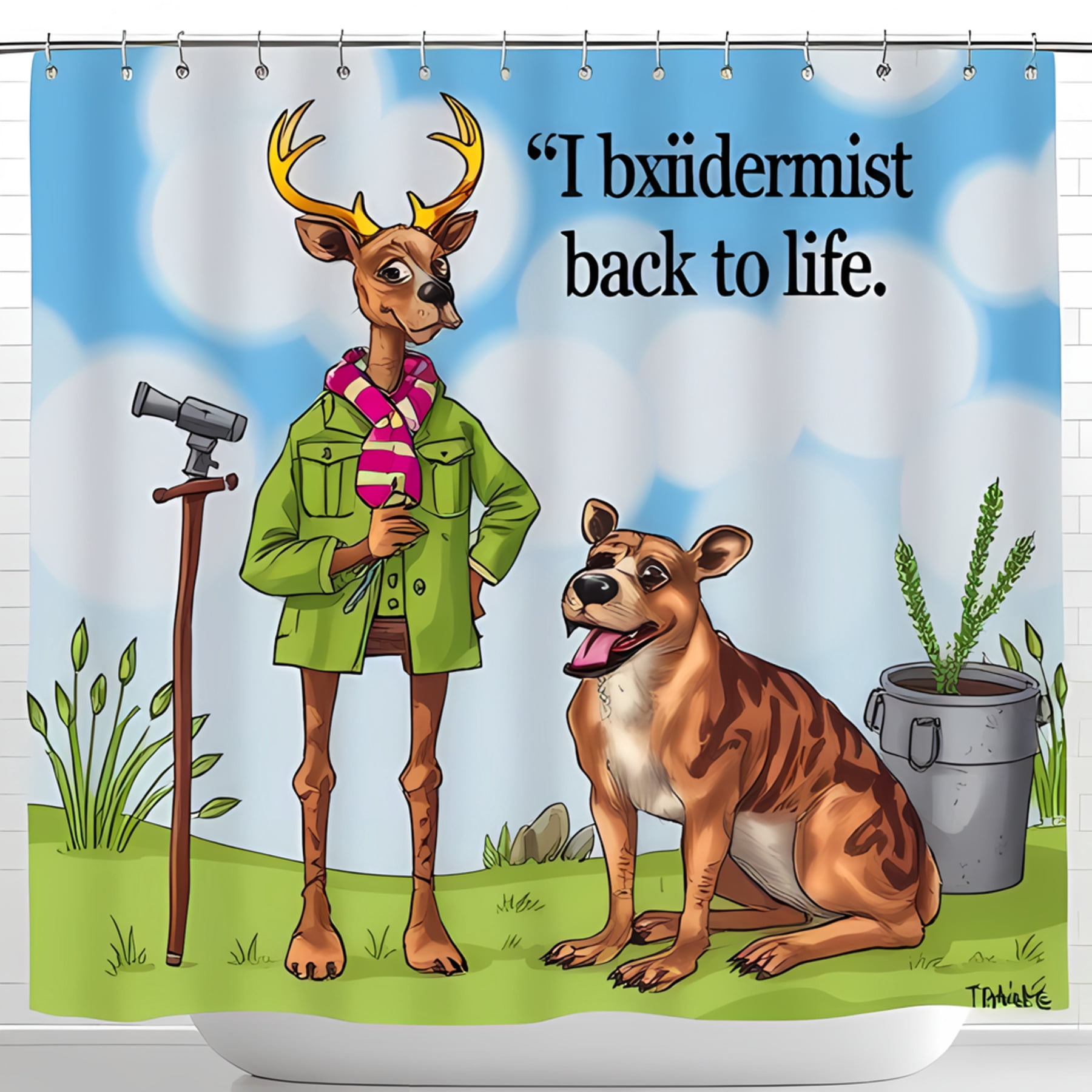 Whimsical Cartoon Deer & Dog Shower Curtain - Playful Taxidermist Theme ...
