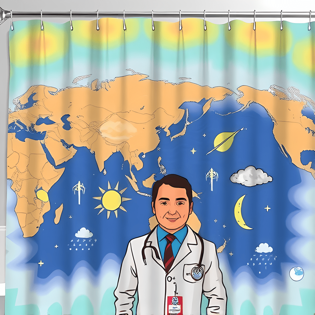 Whimsical Cartoon Doctor Shower Curtain with Colorful World Map - Fun ...