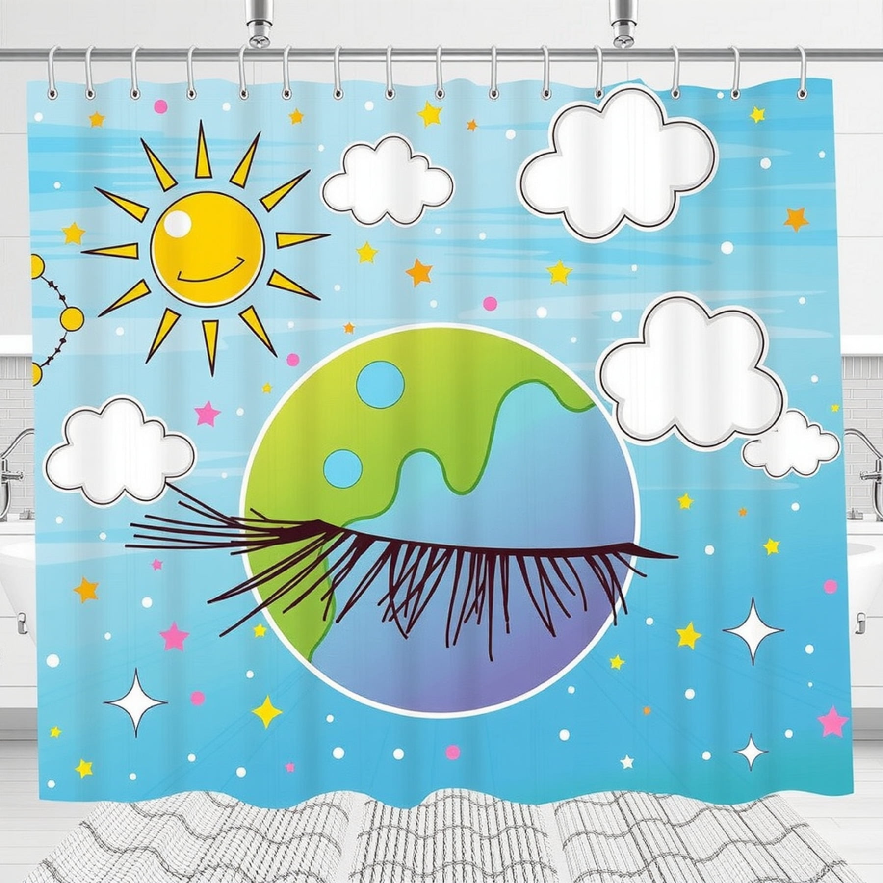 Whimsical Cartoon Earth Shower Curtain - Winking Planet Design with Sun ...