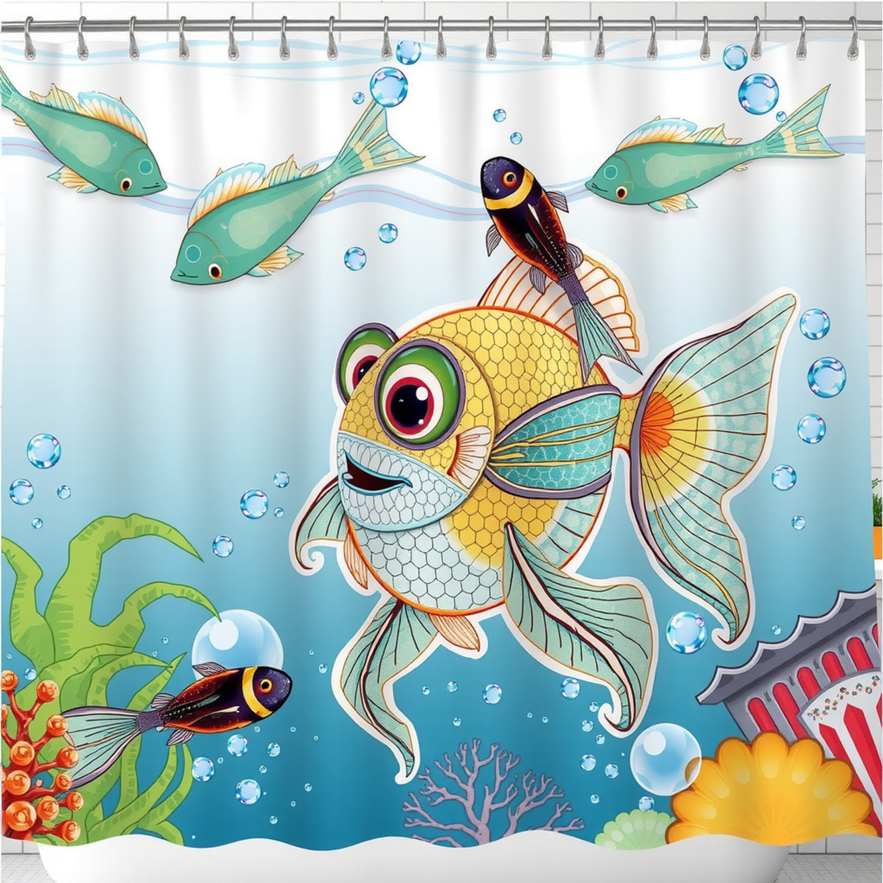 Whimsical Cartoon Fish Shower Curtain - Vibrant Underwater Scene with ...