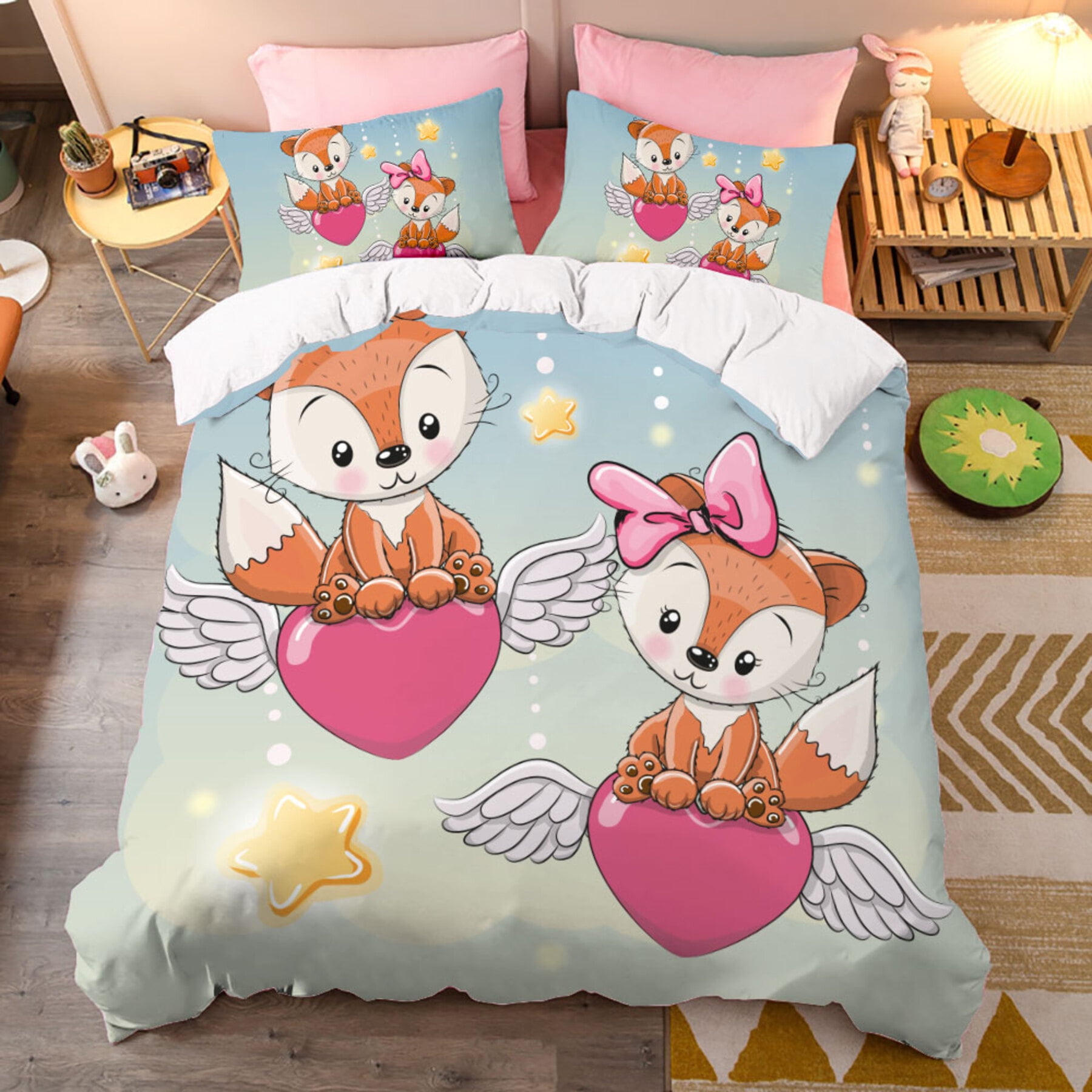 Whimsical Cartoon Foxes Bedding Set with Heart-Shaped Clouds - Walmart.com