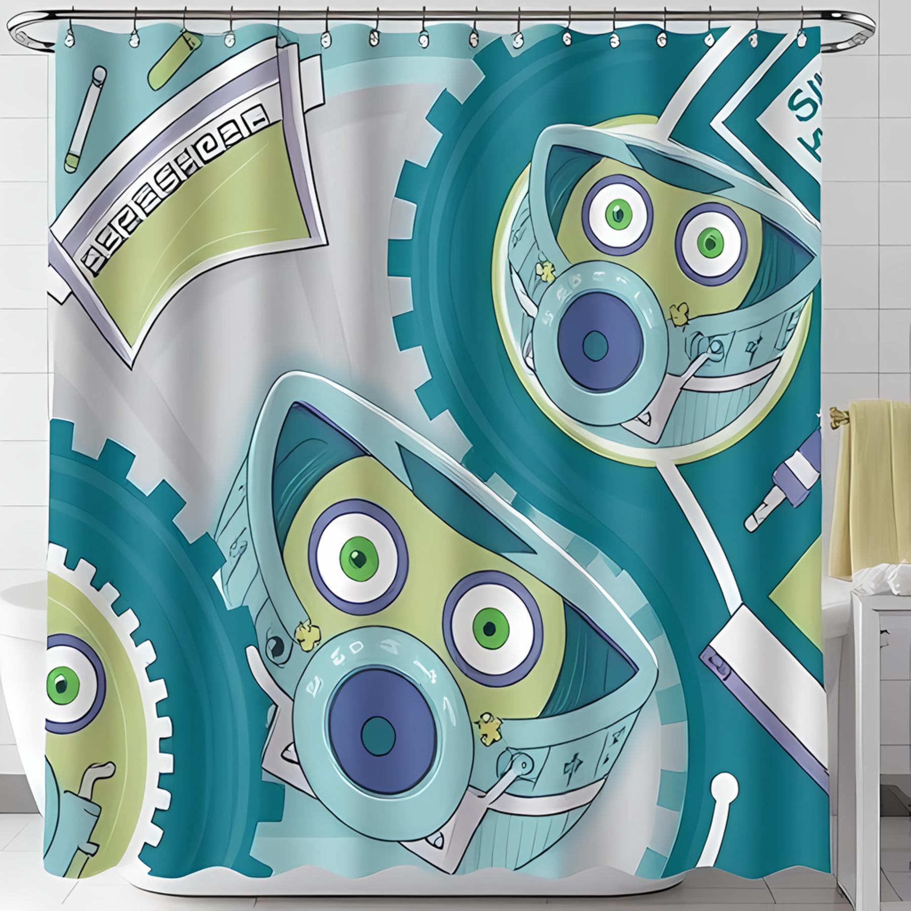 Whimsical Cartoon Gears Shower Curtain - Playful Design with Expressive ...