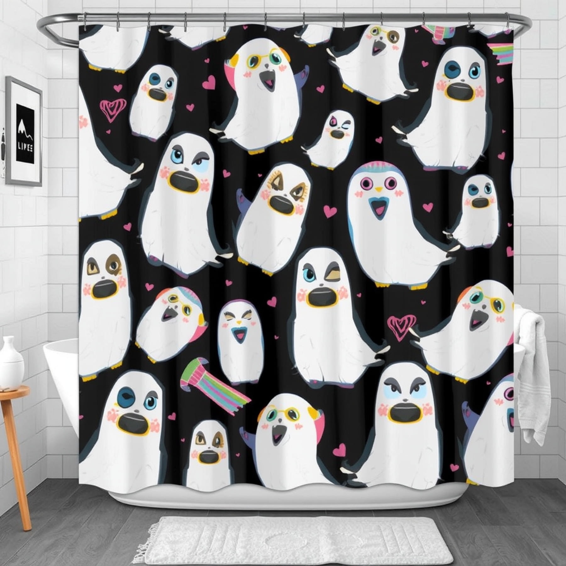 Whimsical Cartoon Ghost Shower Curtain with Pink Hearts - Fun Bathroom ...