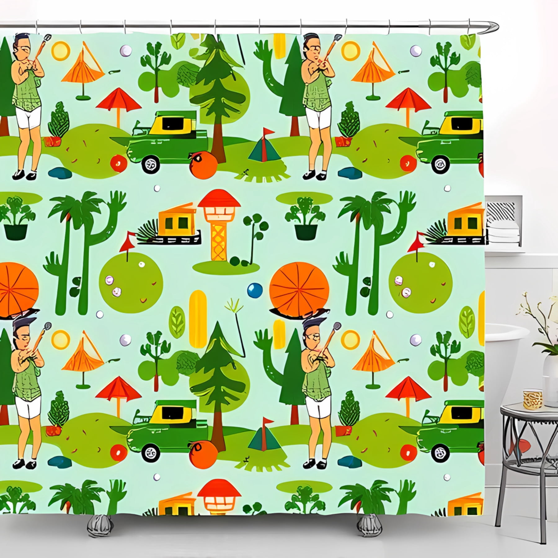 Whimsical Cartoon Golfers Shower Curtain - Vibrant Pattern with Trees ...