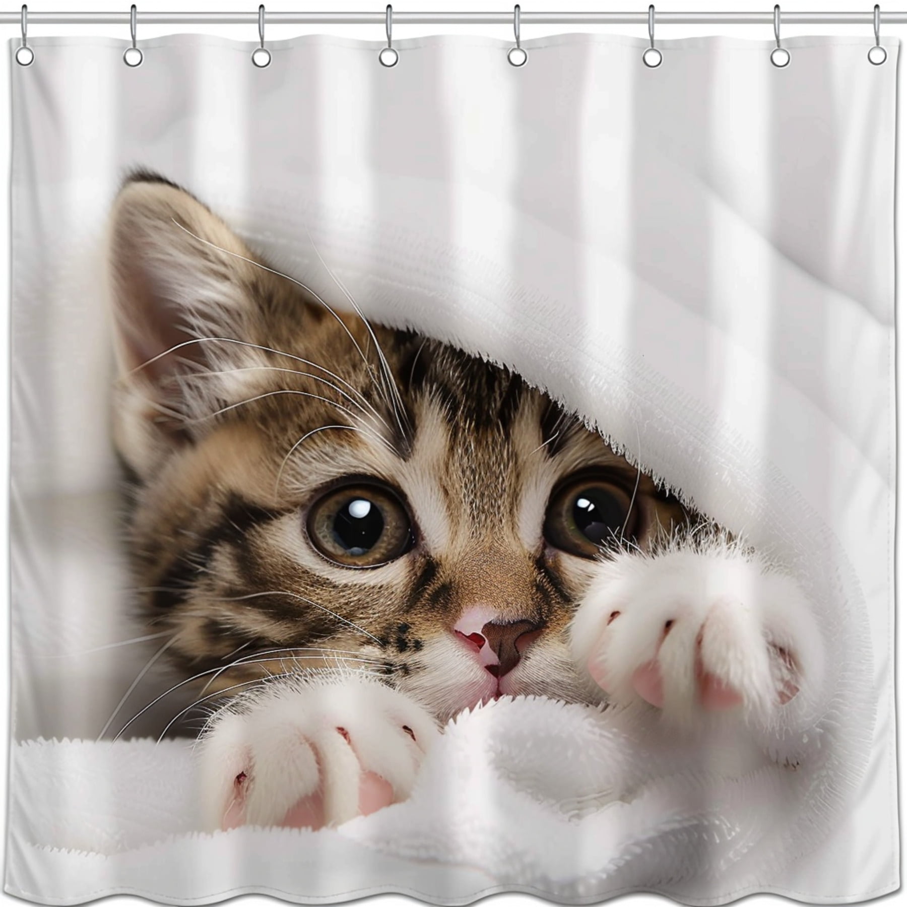 Whimsical Cartoon Kitten Shower Curtain Peekaboo Design Eye Holes