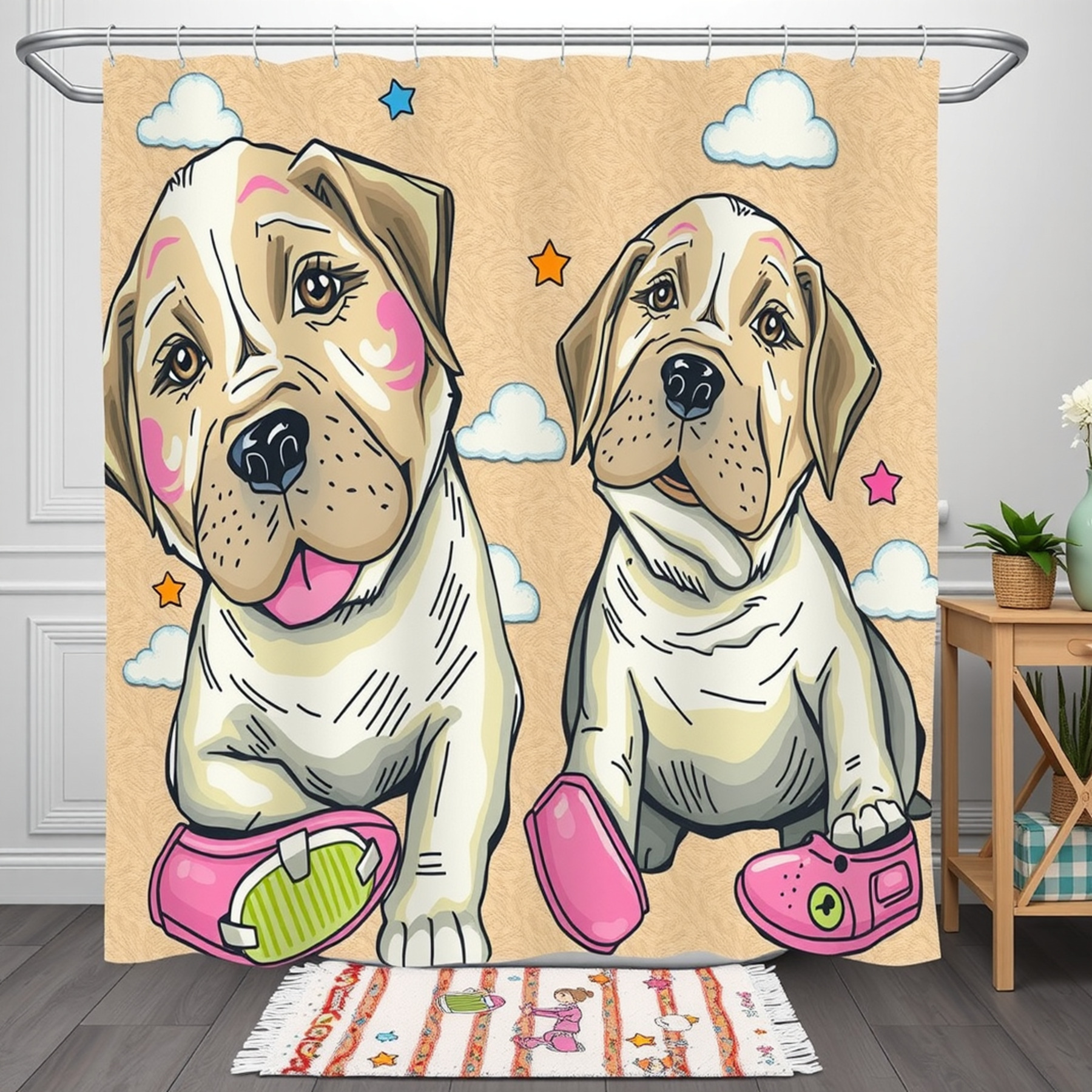 Whimsical Cartoon Labrador Puppies Shower Curtain - Playful Design with ...