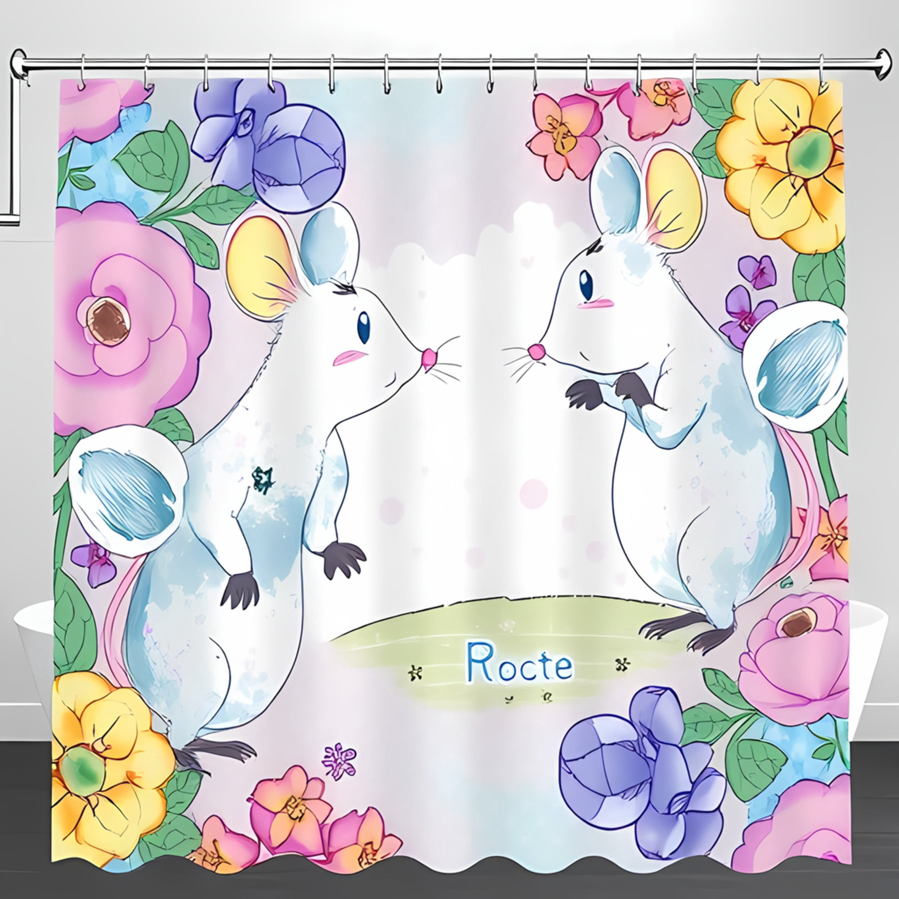 Whimsical Cartoon Mice Shower Curtain - Colorful Floral Design with ...