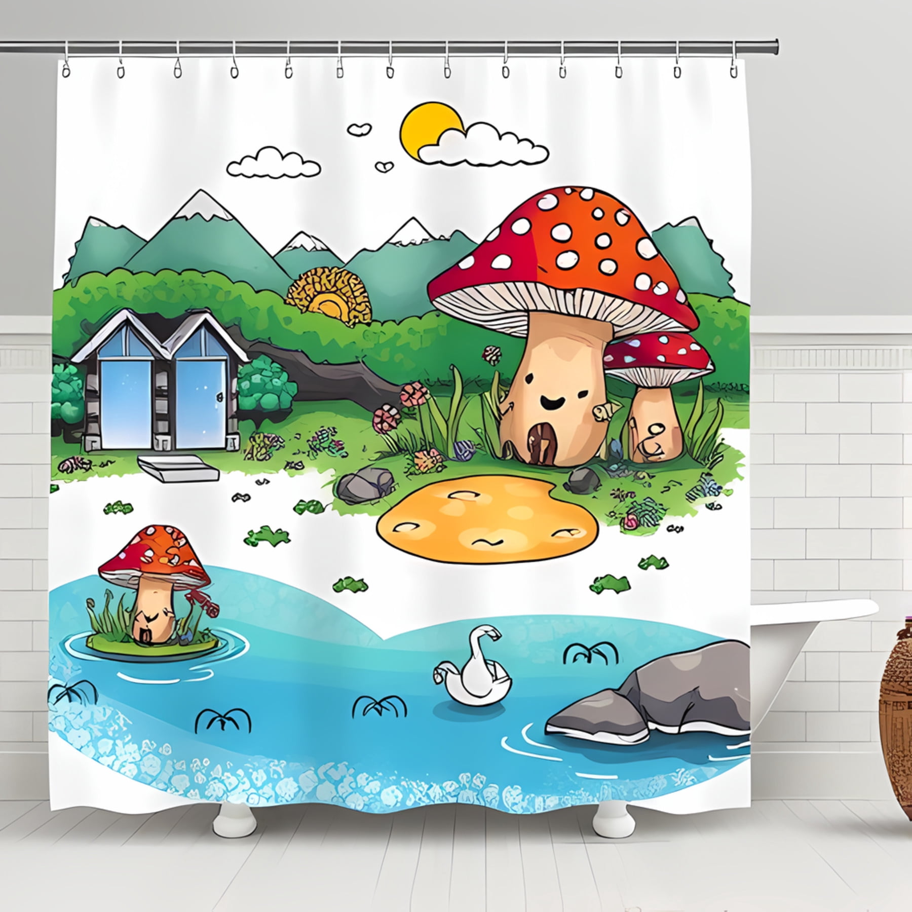 Whimsical Cartoon Mushroom Shower Curtain Cheerful Landscape with ...