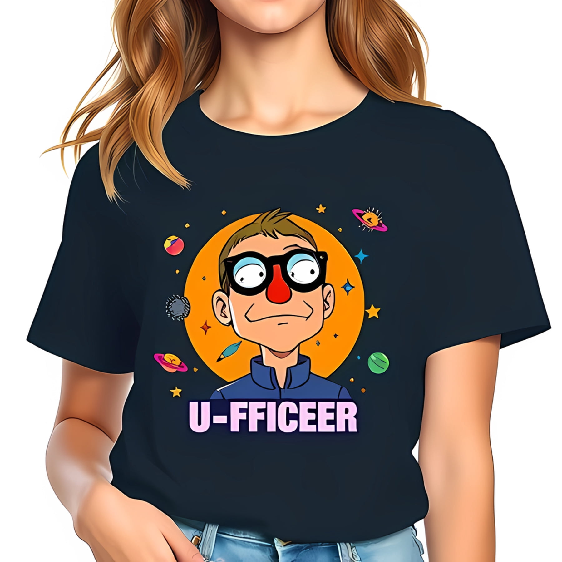 Whimsical Cartoon Navy Blue T-Shirt with Space Themed Design & 'U ...